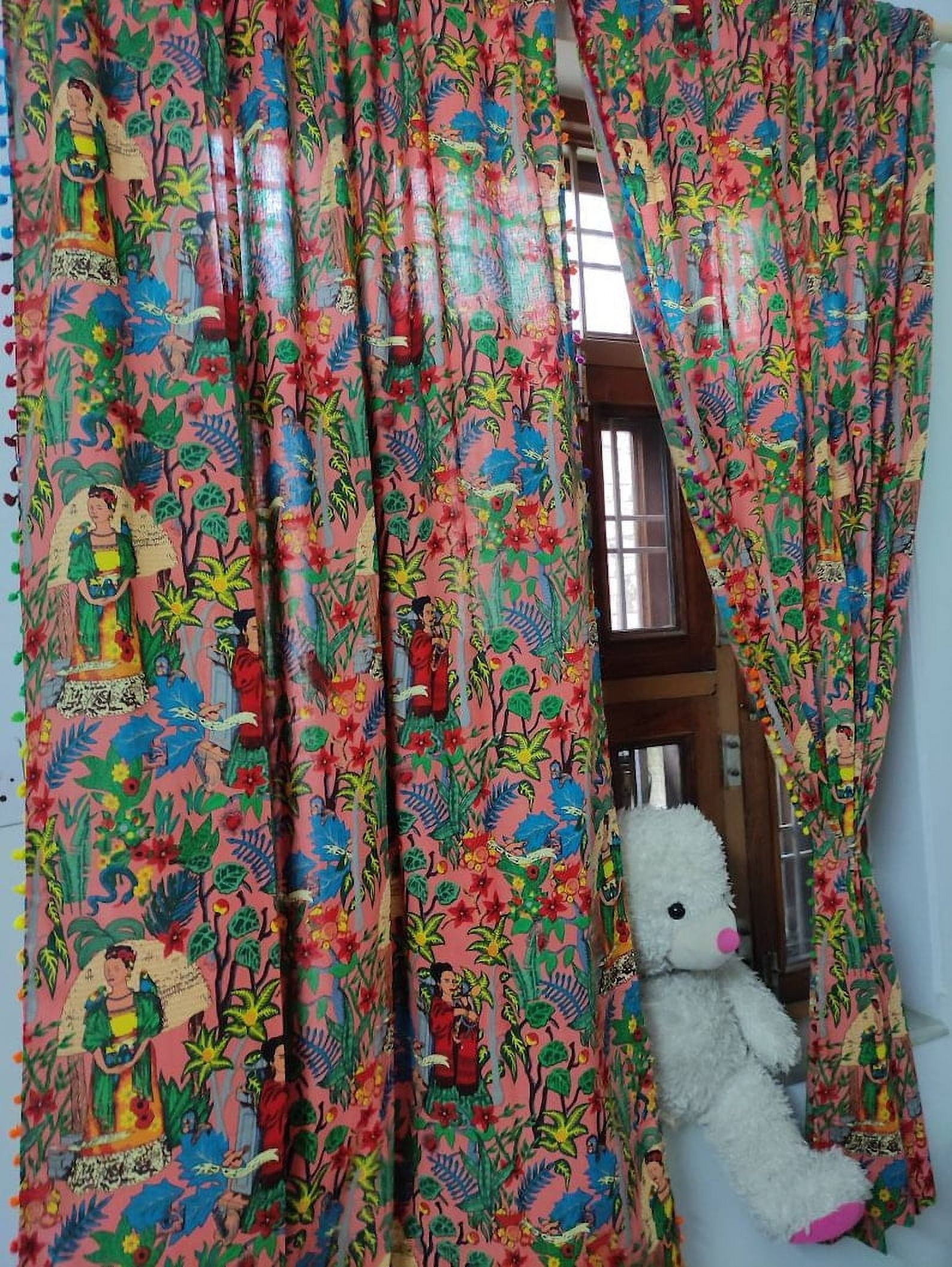 Frida Kahlo With Pom Pom Lace Curtain ,Set Of Two Panel Boho Curtain, Bohemian Decor ...