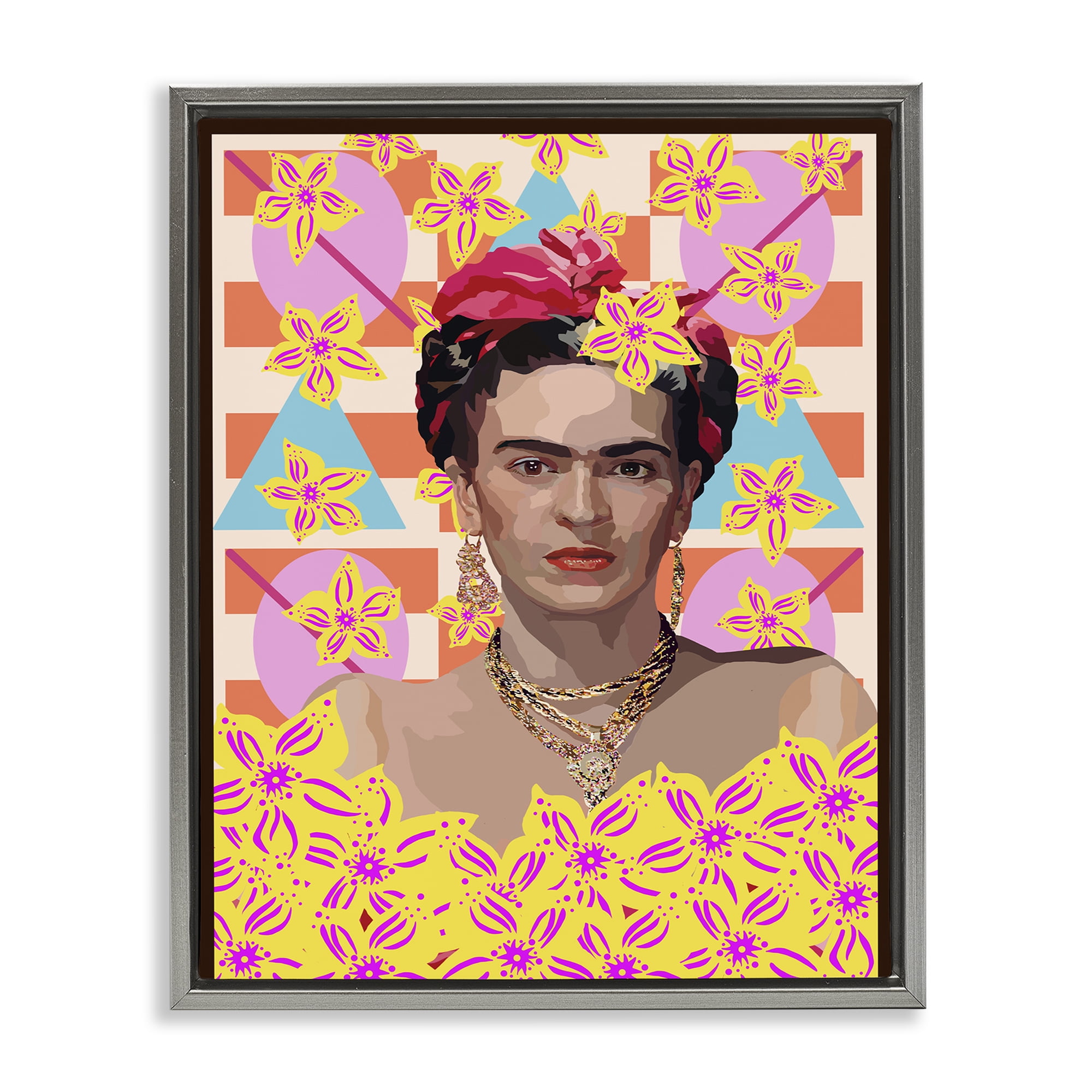 Frida's Floral Journey Gray Framed Floater Canvas Wall Art, design by ...