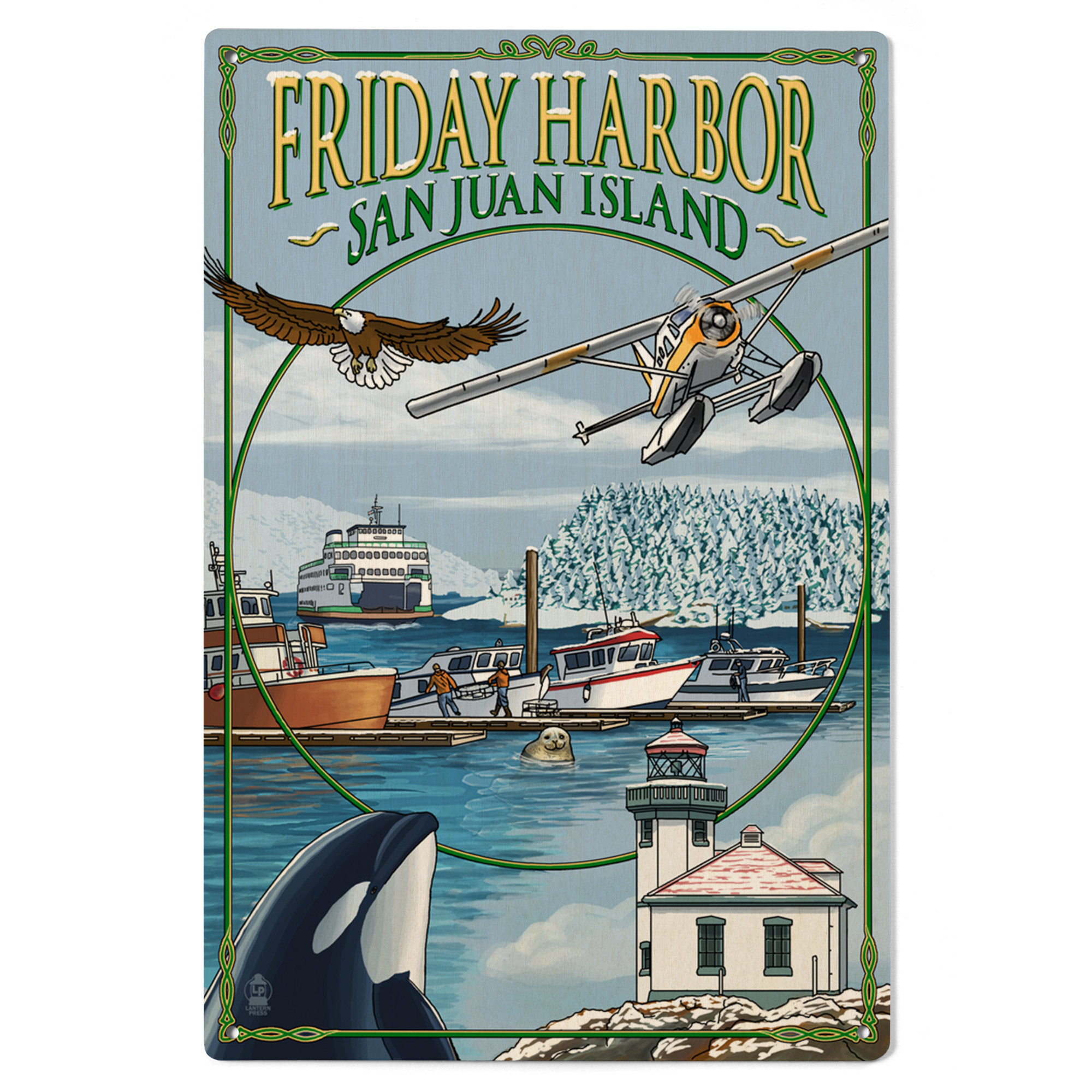 Friday Harbor, San Juan Island, WA Snow Version Birch Wood Wall Sign ...