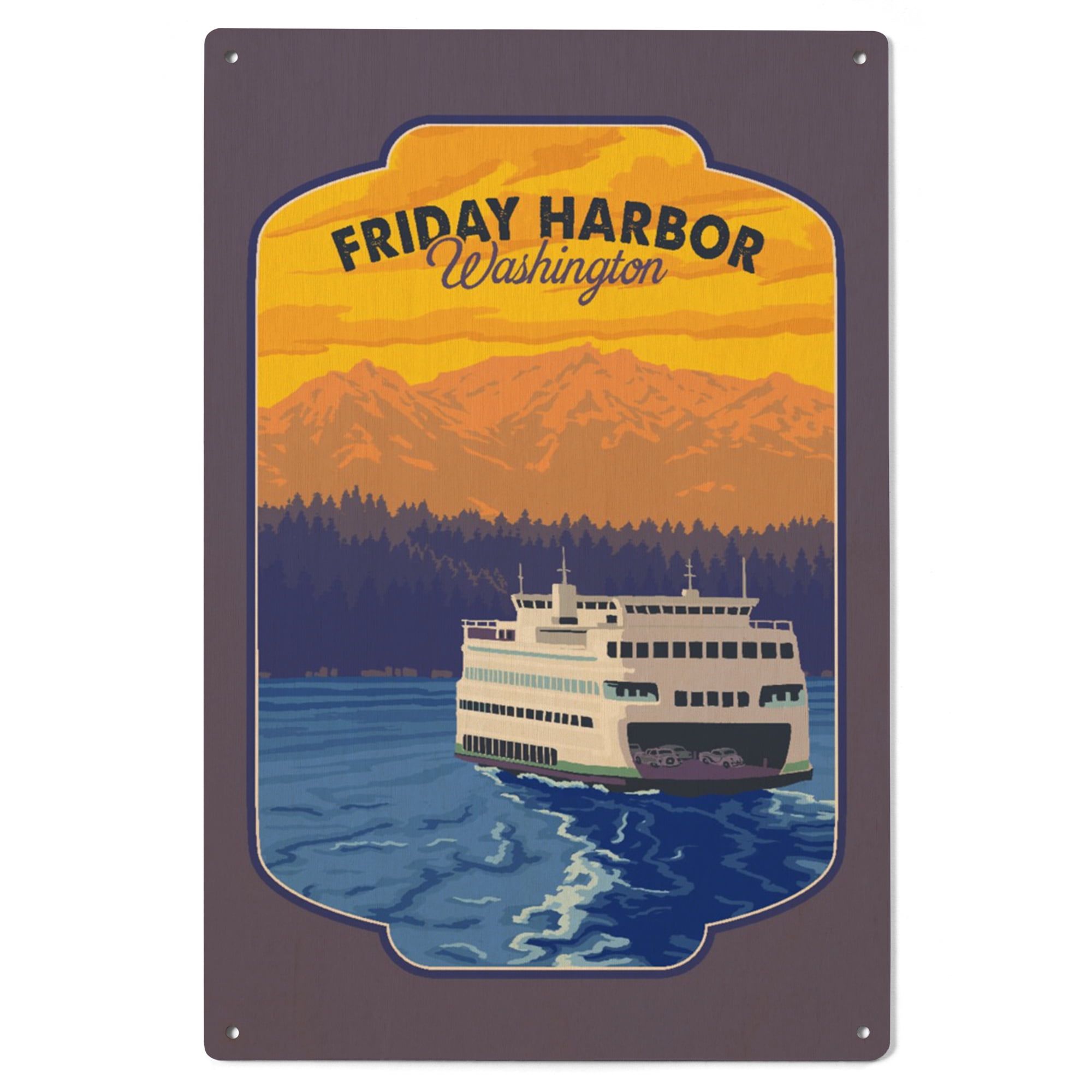 Friday Harbor, Washington, Ferry and Mountains, Contour Birch Wood Wall ...