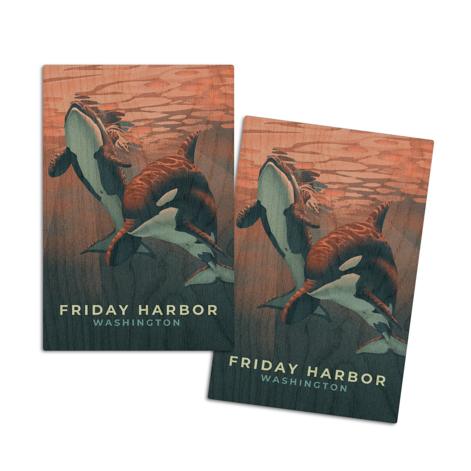 Friday Harbor, Washington, Orca Lithograph (4x6 Birch Wood Postcards, 2 ...