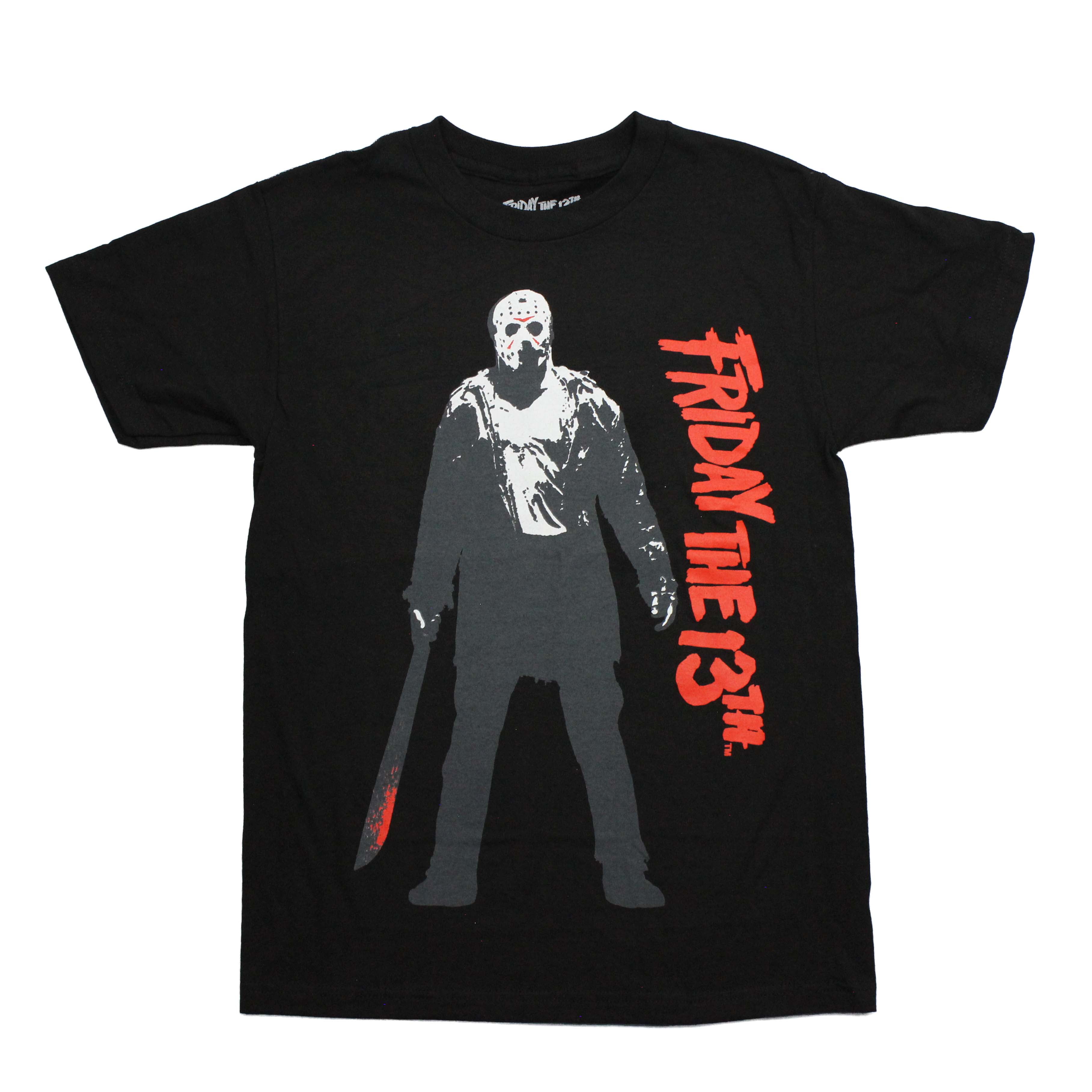 Friday the 13th Mens T-Shirt - Jason With Bloody Machete Vertical Name ...