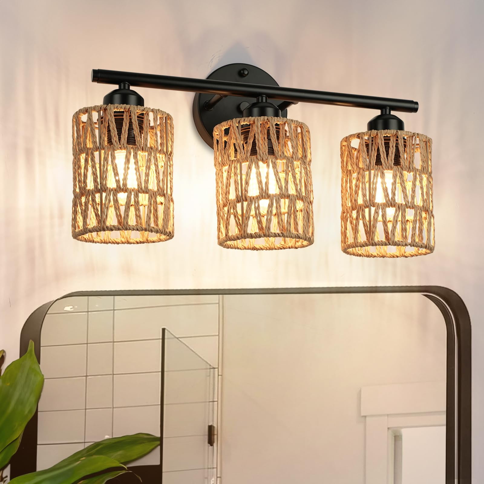 Frideko 3-Light Bathroom Vanity Light Fixtures, Modern Rattan Bathroom ...