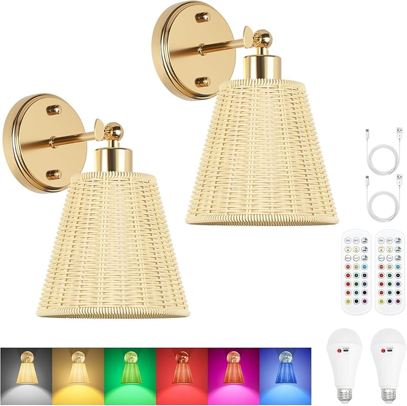 Frideko Rattan Rechargeable Battery Operated Wall Sconces Set of Two ...