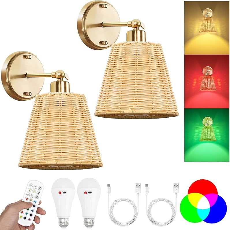 Frideko Rattan Rechargeable Battery Operated Wall Sconces Set of Two ...