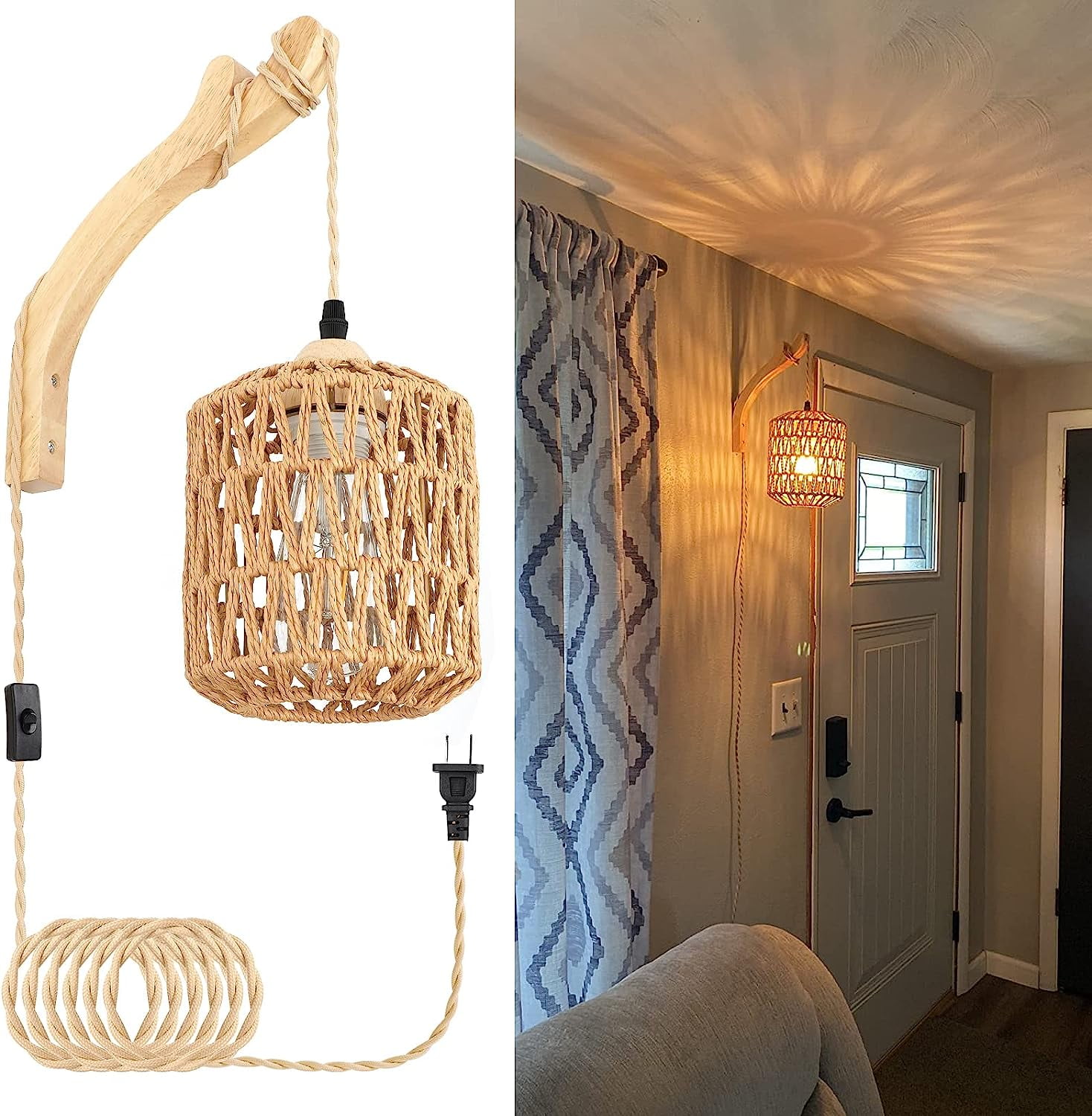 Frideko Rattan Wall Lamp with Plug in Cord Hand Woven Plug in Wall ...