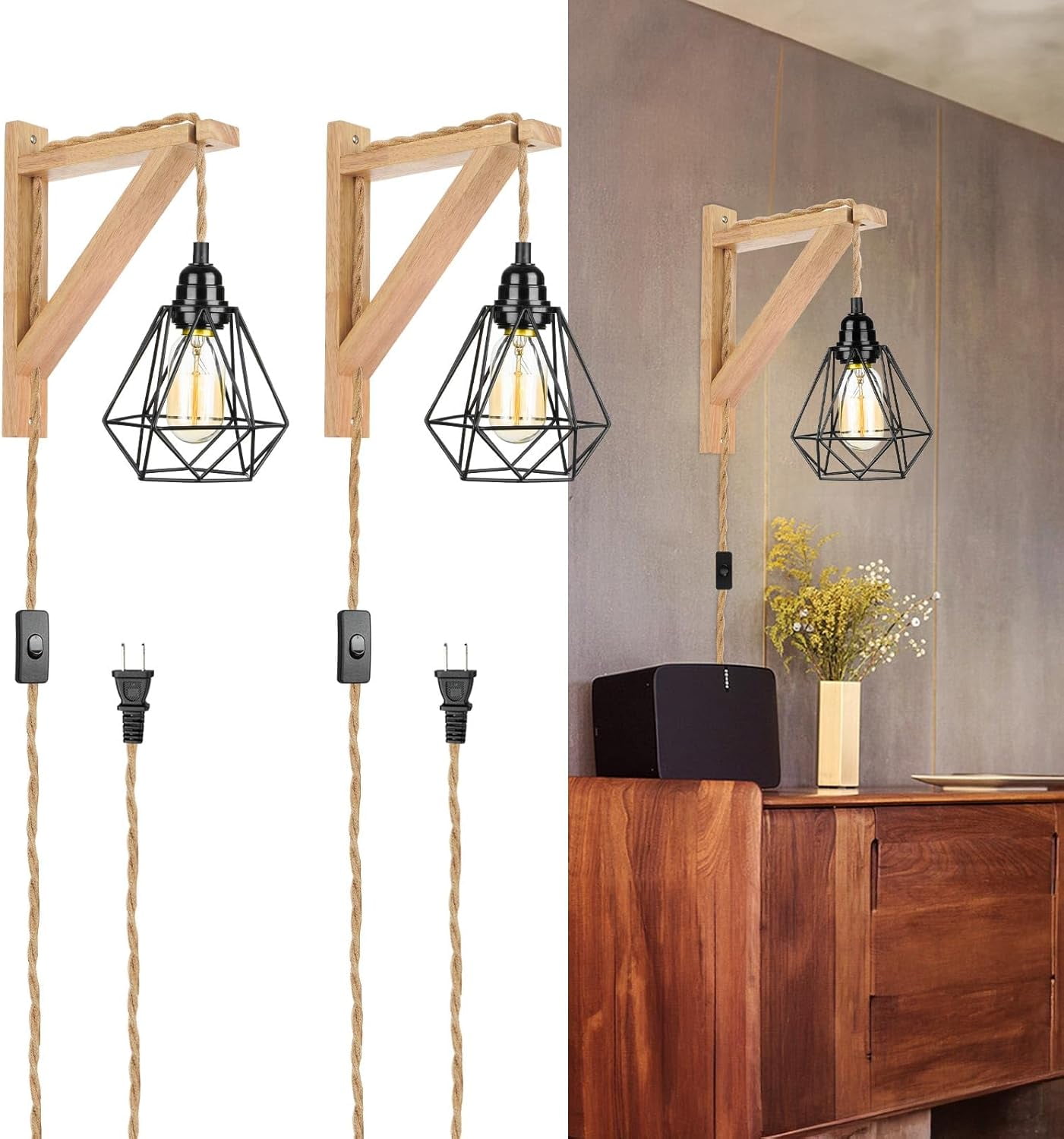 Frideko Wood Plug in Wall Sconces Set of Two, Hanging Lamps That Plug ...