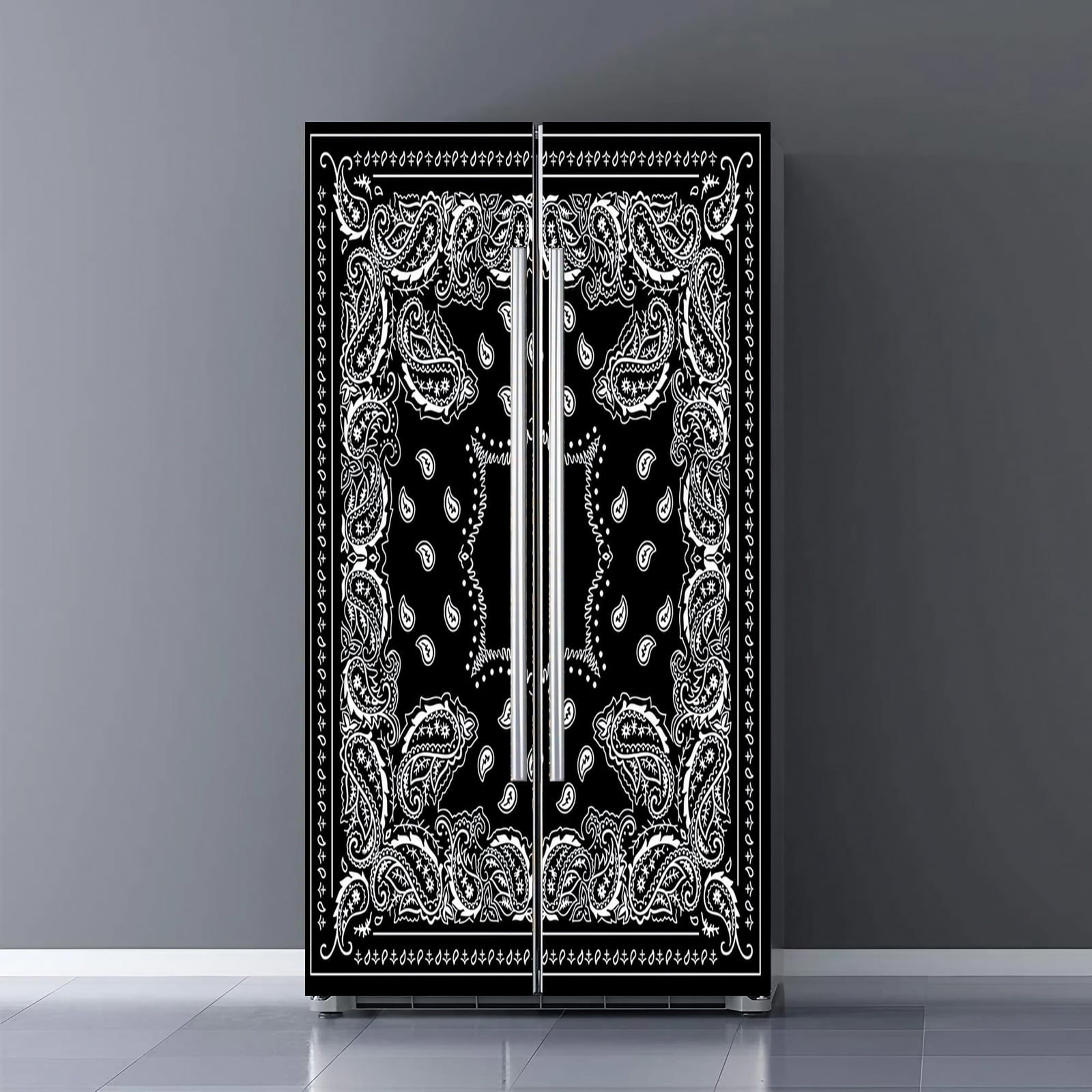 Fridge Door Wrap Vinyl Sticker Decor Front Refrigerator PVC Wallpaper Decal Black Paisley ...