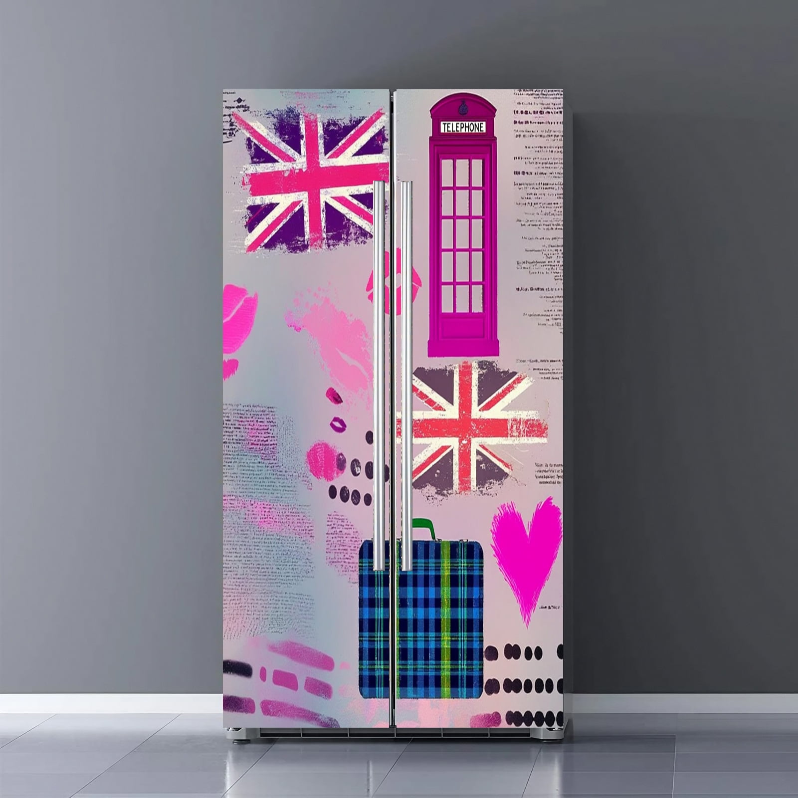 Fridge Door Wrap Vinyl Sticker Decor Front Refrigerator PVC Wallpaper Decal British Icons Grunge ...