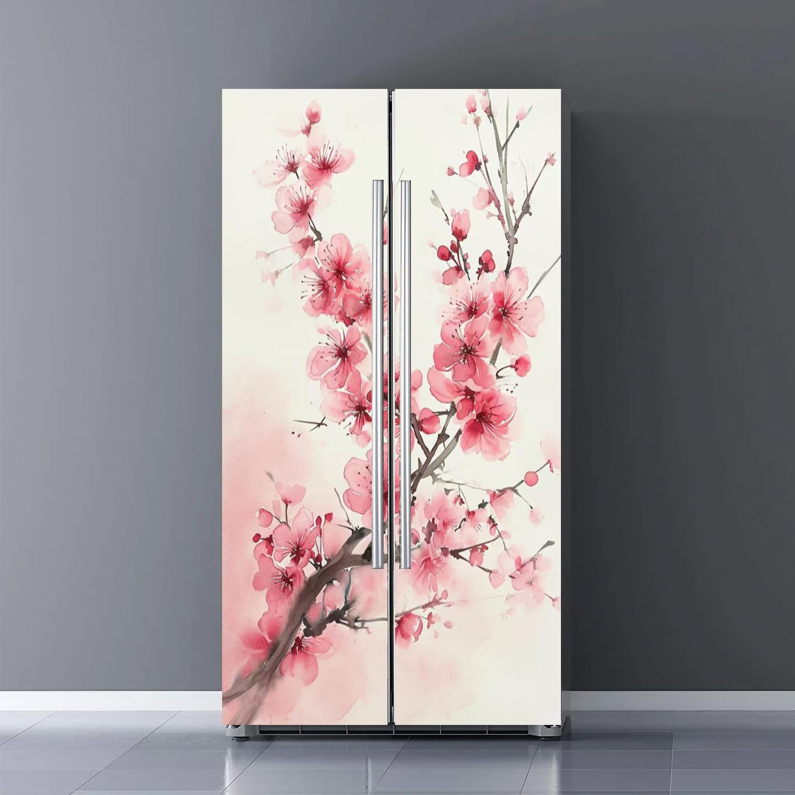 Fridge Door Wrap Vinyl Sticker Decor Front Refrigerator PVC Wallpaper Decal Cherry Blossom pink ...