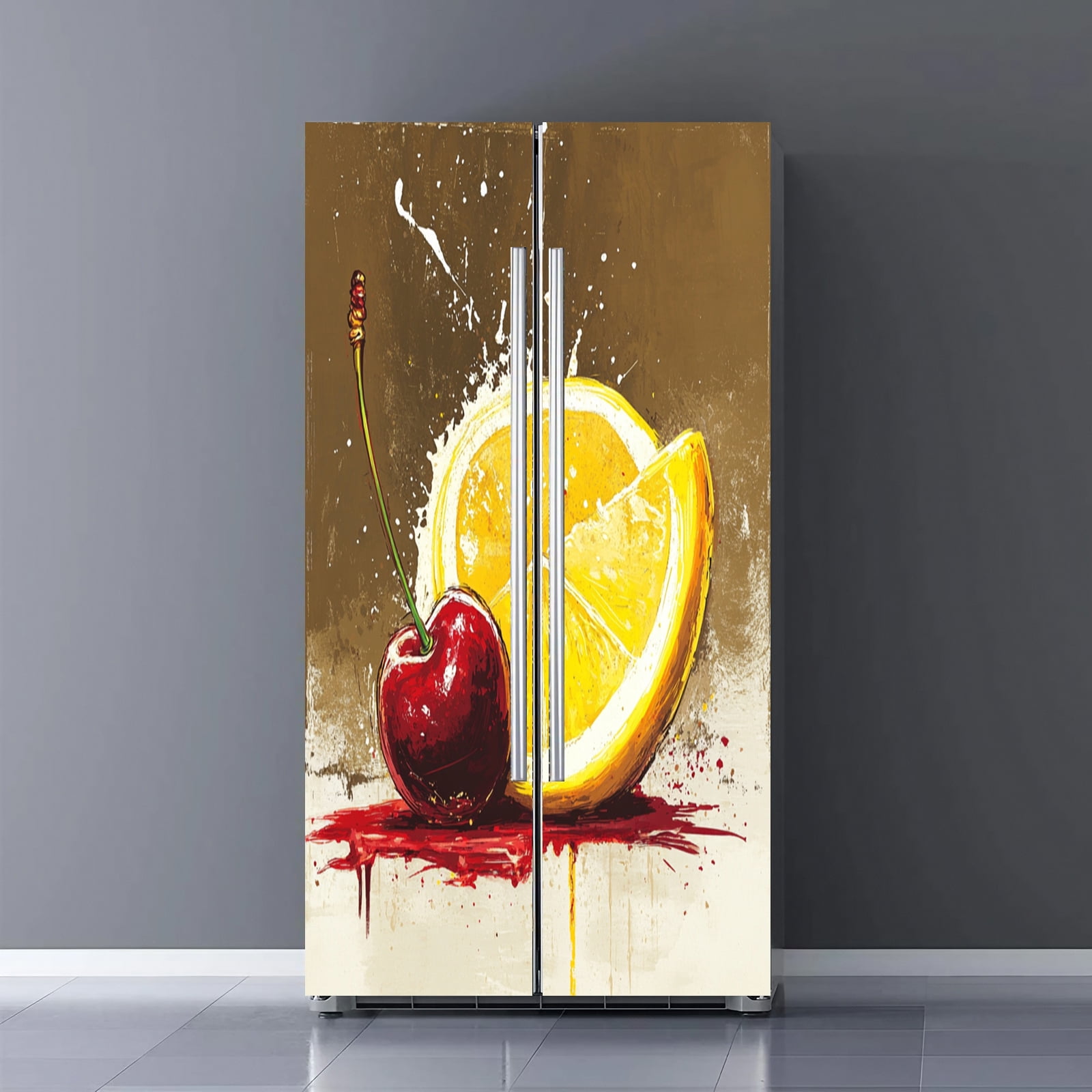Fridge Door Wrap Vinyl Sticker Decor Front Refrigerator PVC Wallpaper Decal Cherry and Lemon ...