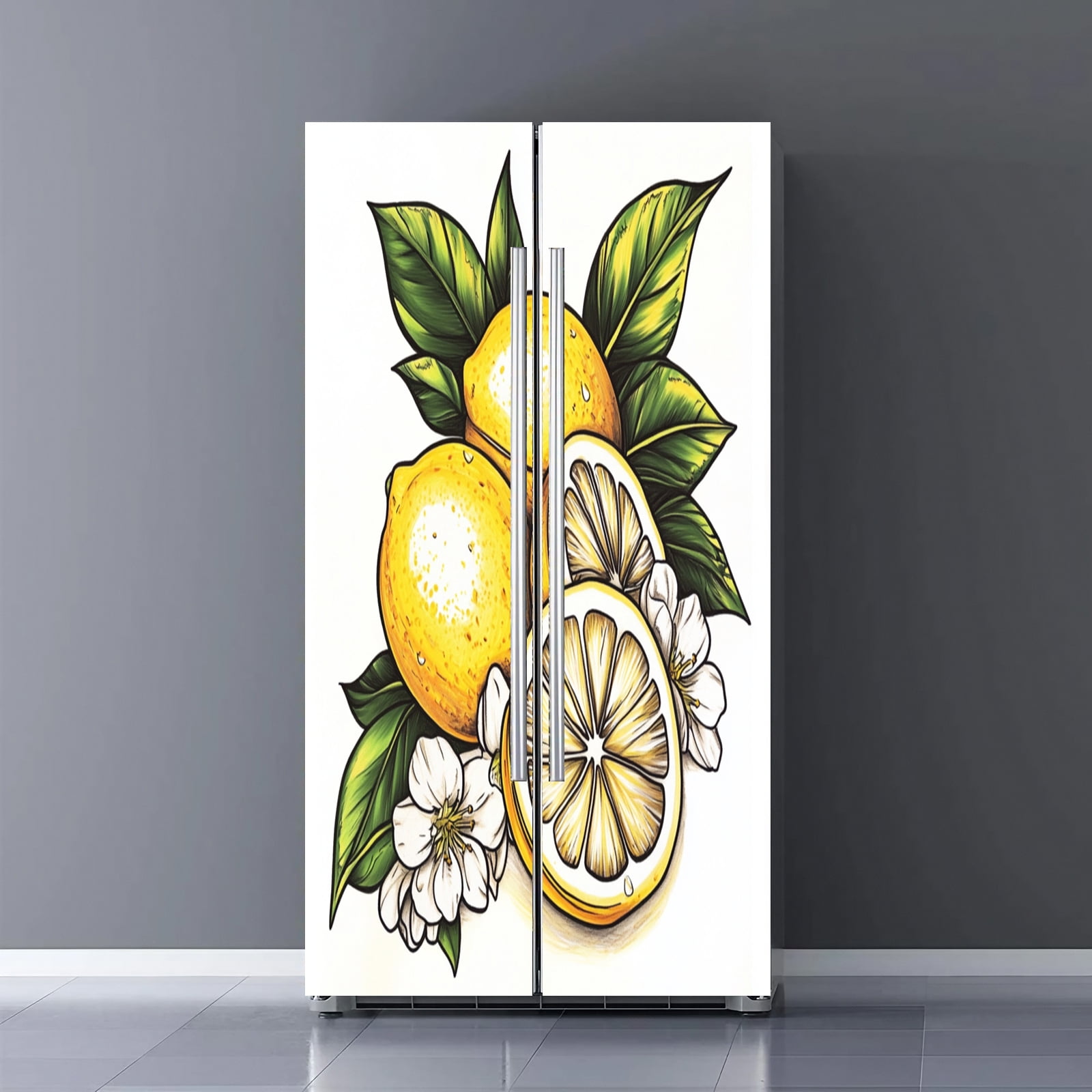 Fridge Door Wrap Vinyl Sticker Decor Front Refrigerator PVC Wallpaper Decal Lemons and Blossoms ...