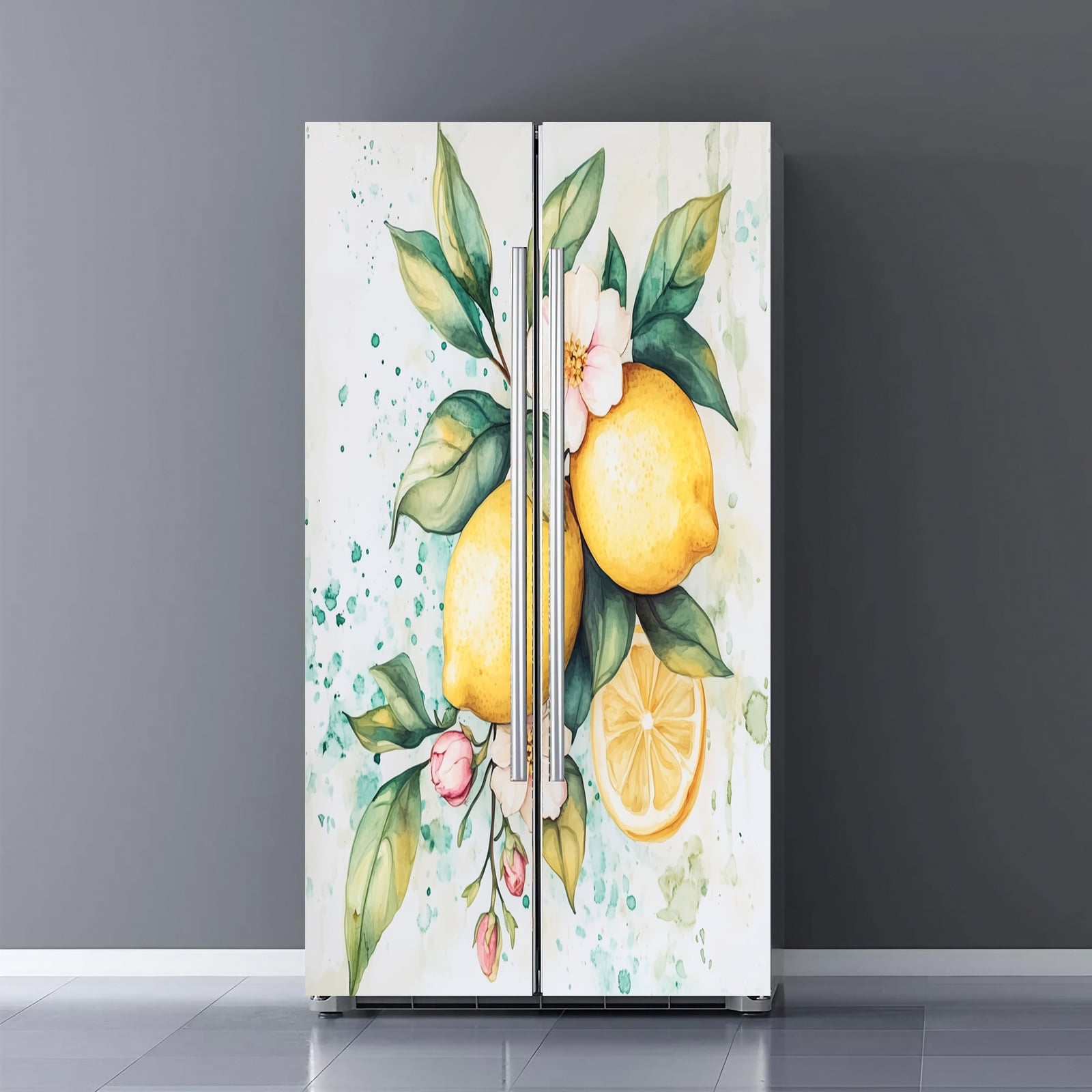 Fridge Door Wrap Vinyl Sticker Decor Front Refrigerator PVC Wallpaper Decal Lemons and Blossoms ...