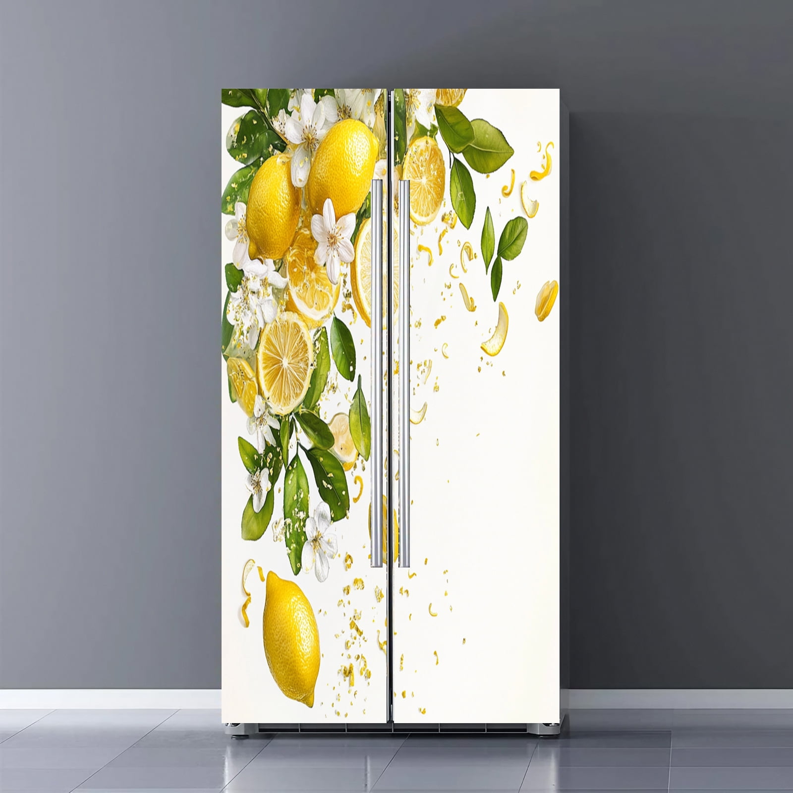 Fridge Door Wrap Vinyl Sticker Decor Front Refrigerator PVC Wallpaper Decal Lemons and Flowers ...