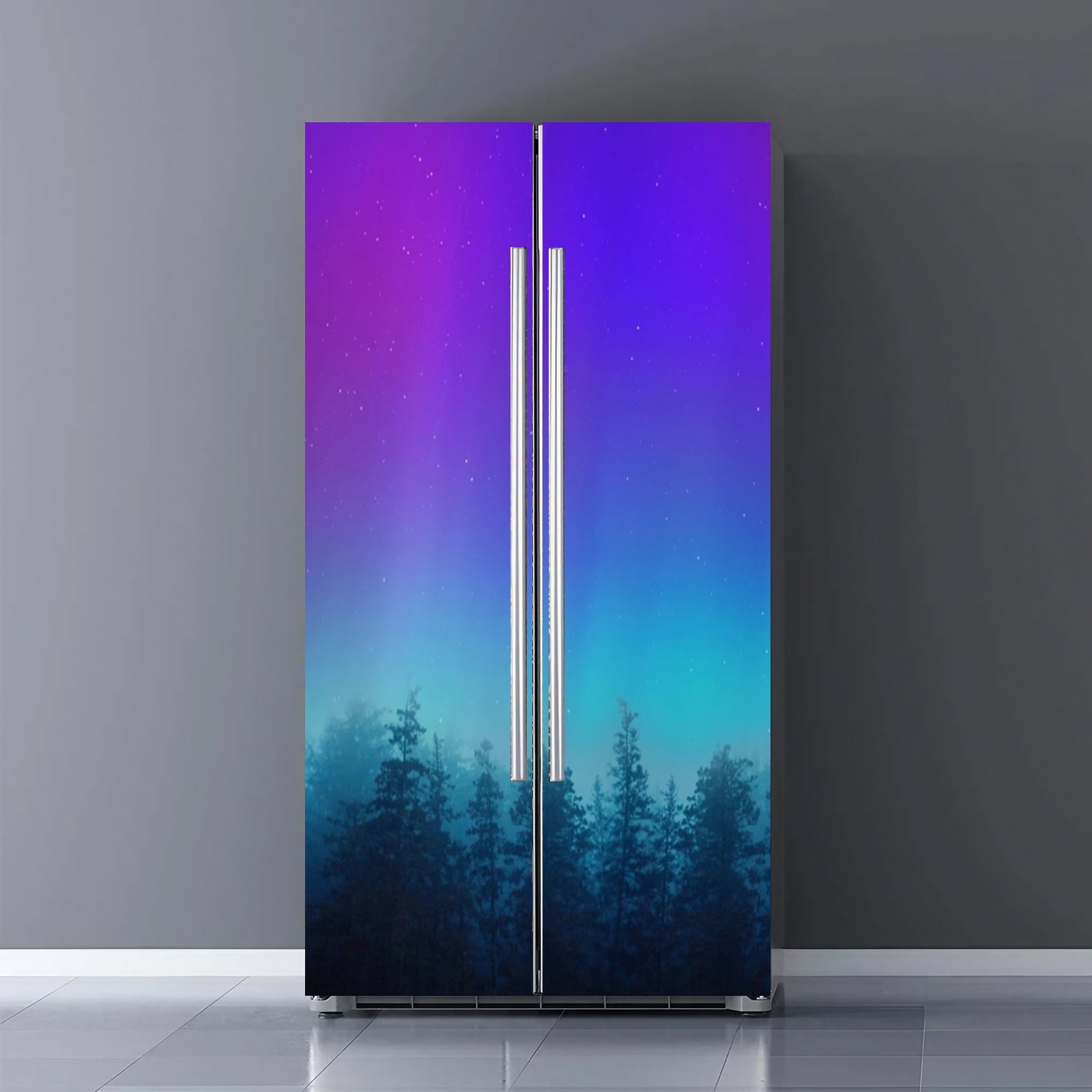 Fridge Door Wrap Vinyl Sticker Decor Front Refrigerator PVC Wallpaper Decal Northern Lights ...