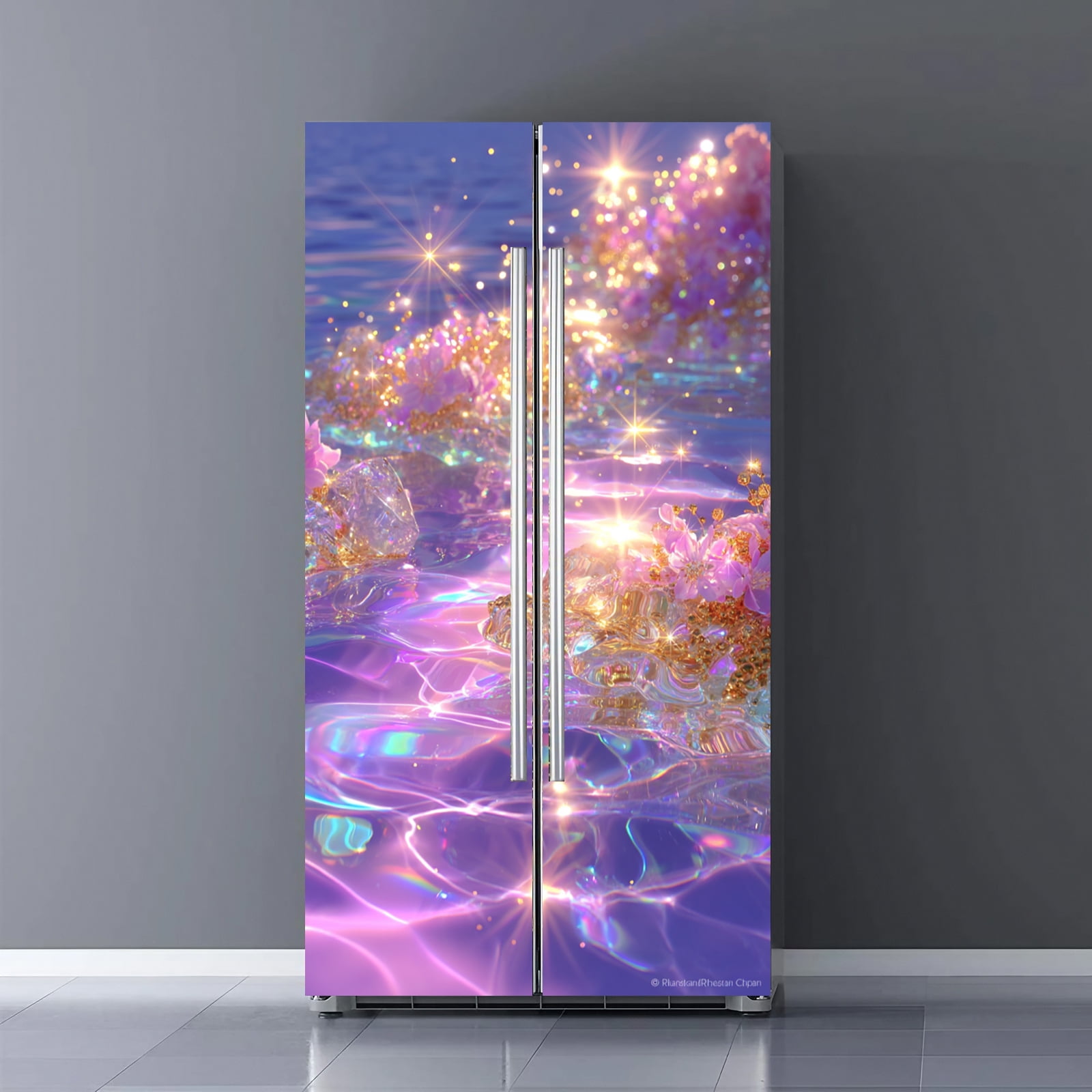 Fridge Door Wrap Vinyl Sticker Decor Front Refrigerator PVC Wallpaper Decal Shimmering Water ...