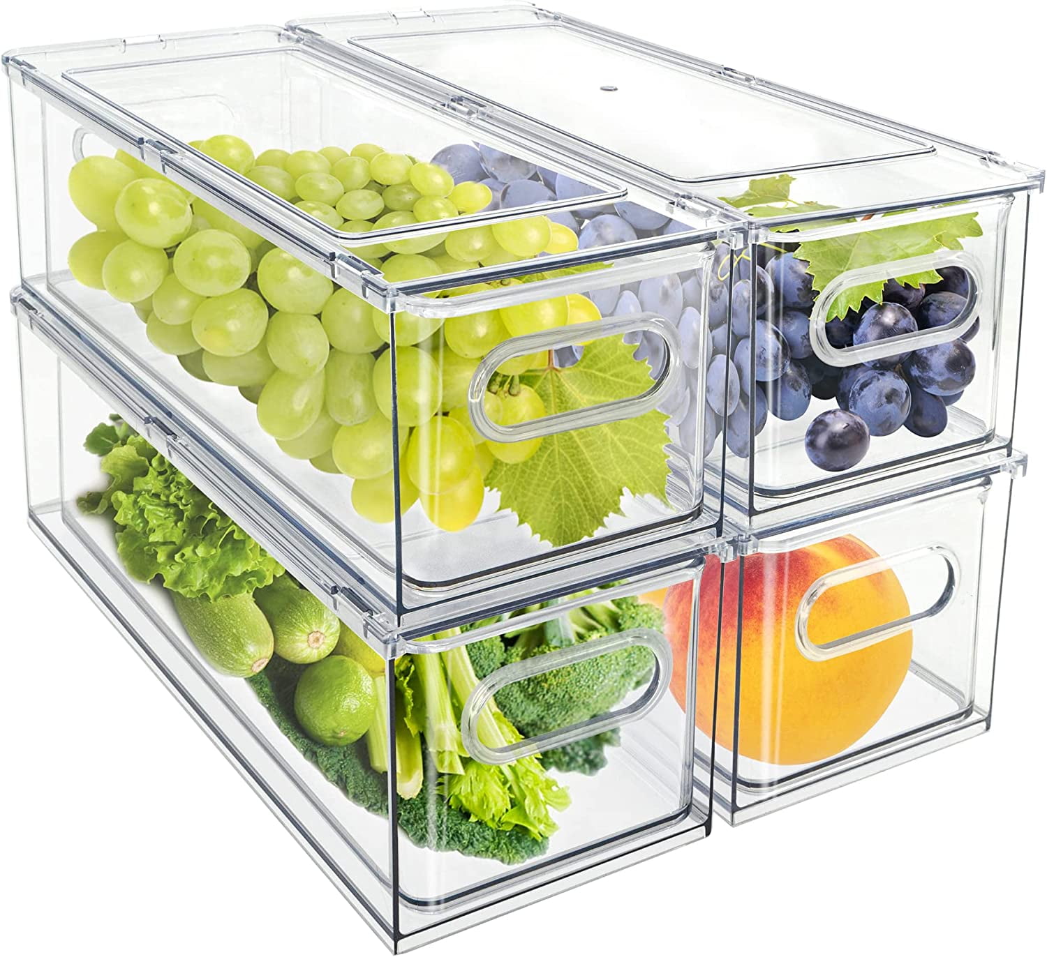 Fridge Drawer Pull Out Stackable Bins with Handle Clear Refrigerator ...