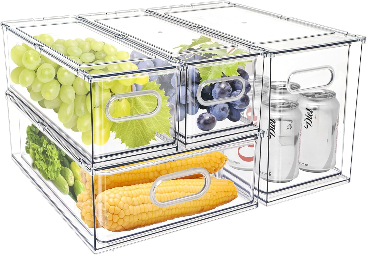 Fridge Drawer Pull Out Stackable Bins with Handle Clear Refrigerator ...