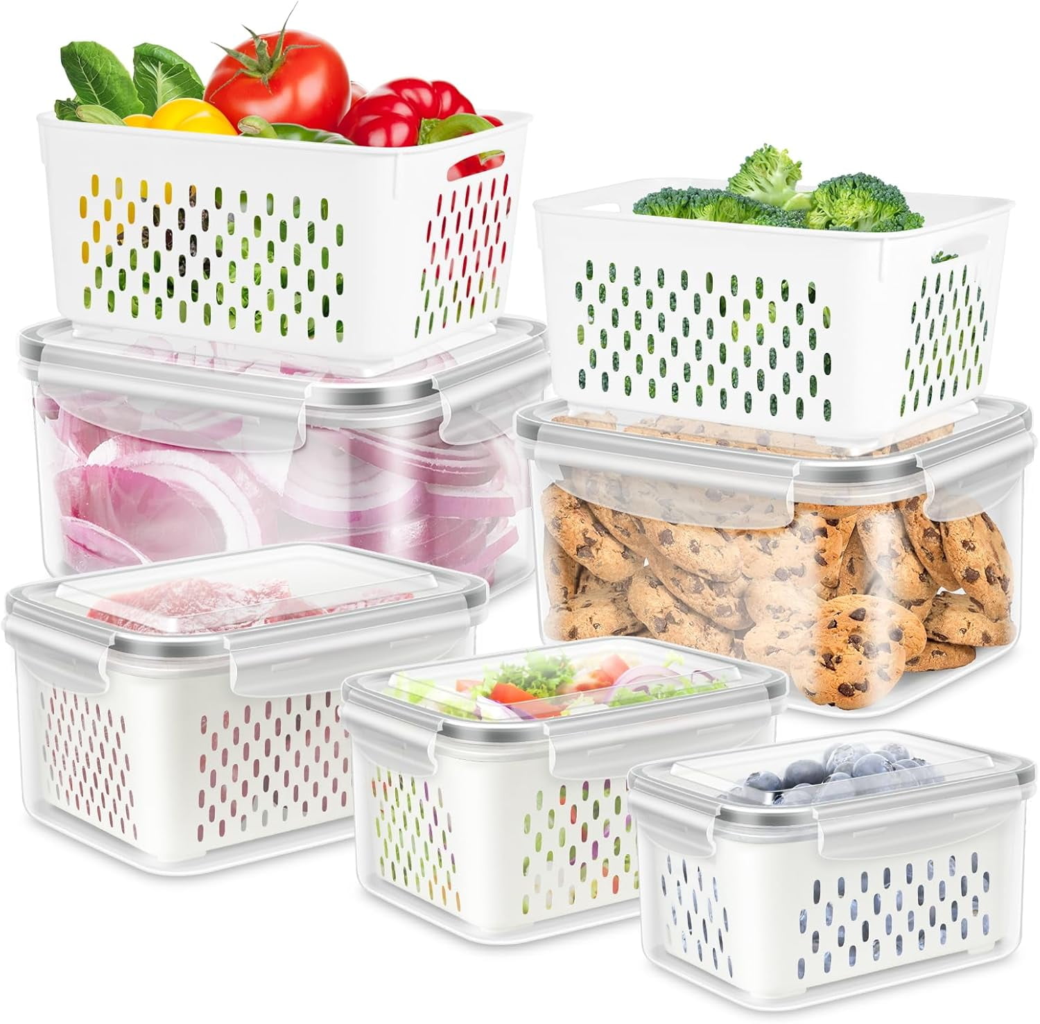Fridge Fruit Storage Containers 5 Pack, Vegetable Container with Drain ...