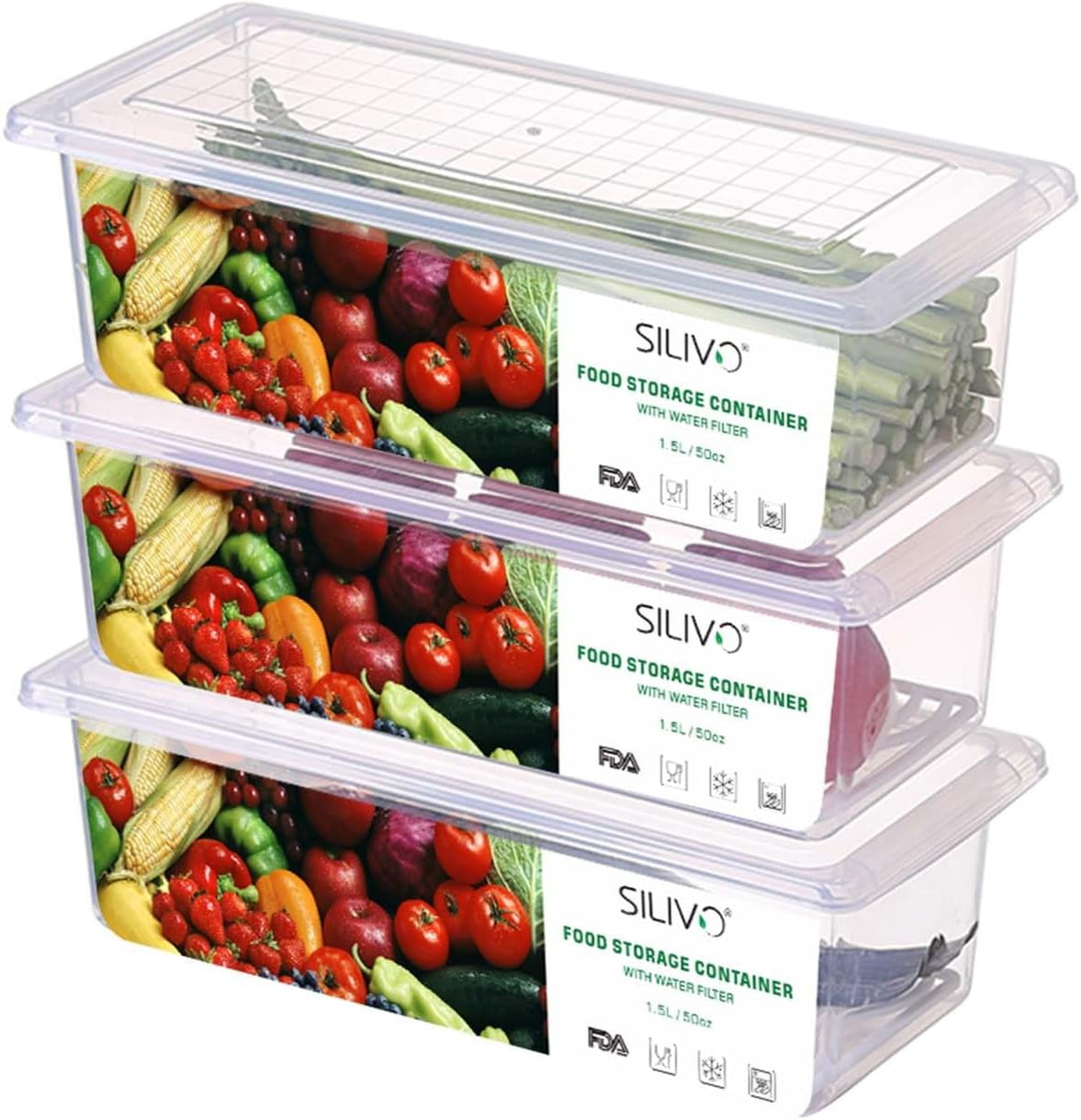 Fridge Produce Saver Containers (3 Pack) - 2.5L Drain Tray Keeps ...