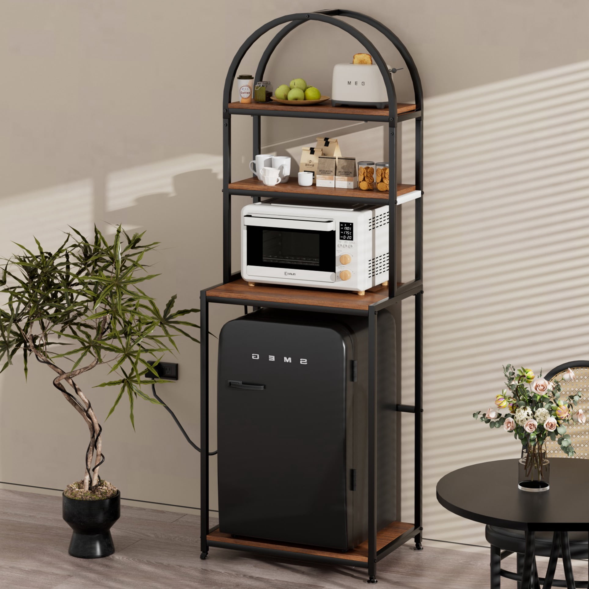 Fridge Stand with Power Outlet and Wheels, 4-Tier Mini Fridge Cabinet ...