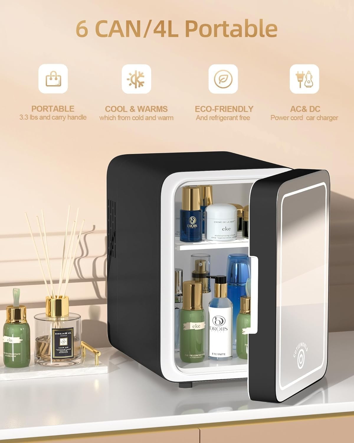 Fridge with Dimmable LED Mirror, 4L Portable Cooler & Warmer for ...