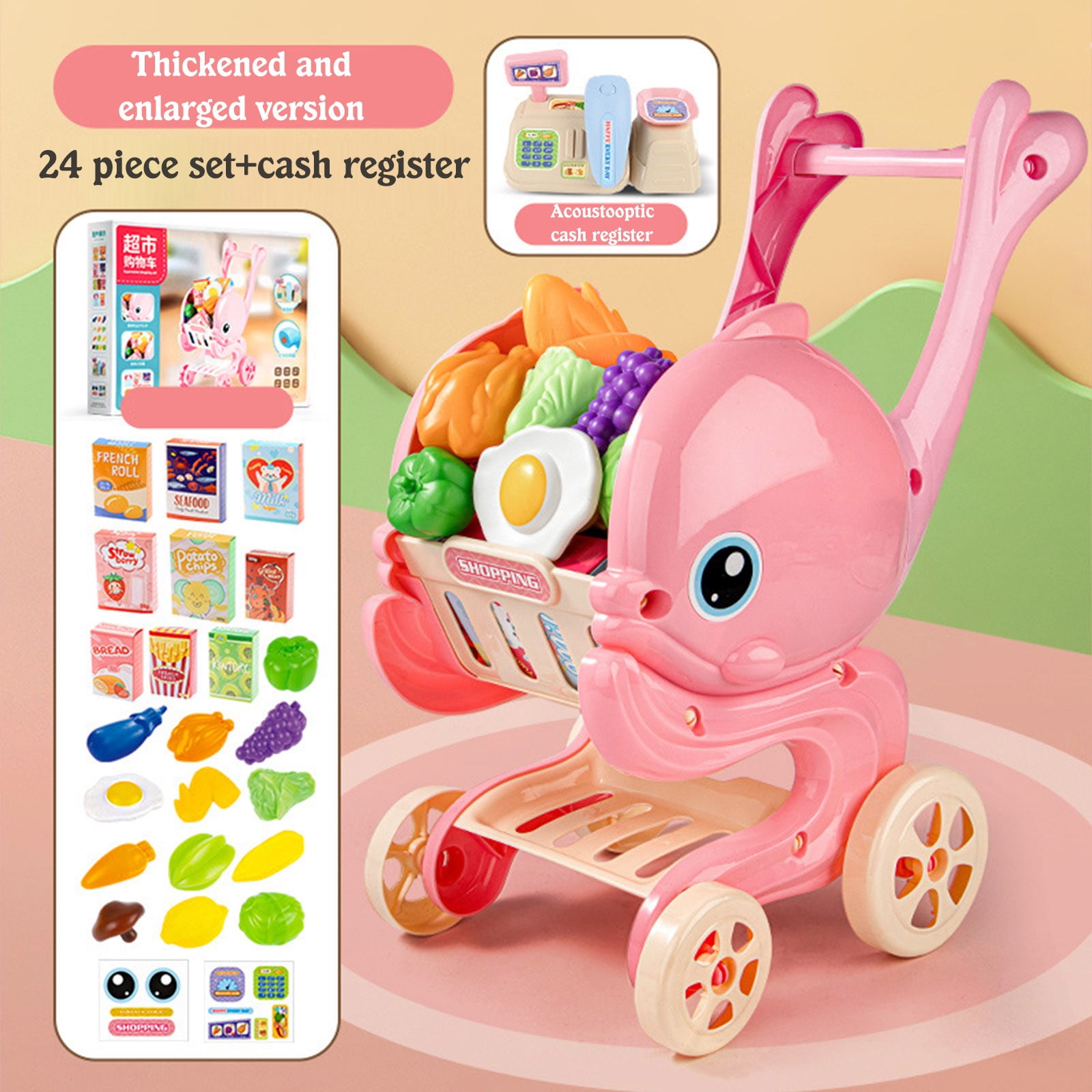 Fridja 24pcs Kids Shopping Cart Trolley Play Set with Pretend Food and ...