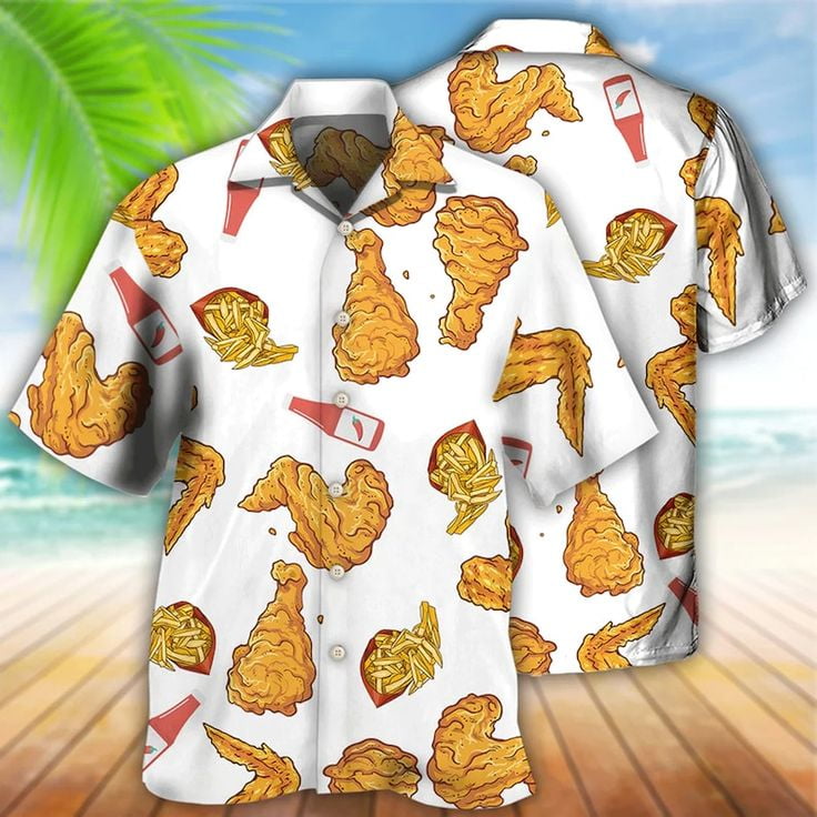 Fried Chicken Hawaiian Shirt, Chicken Beach Shirt, Unisex Button Down ...