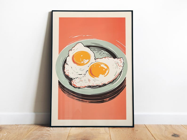 Fried Eggs Poster Digital Print, Retro Breakfast Kitchen Wall Art, Pink ...