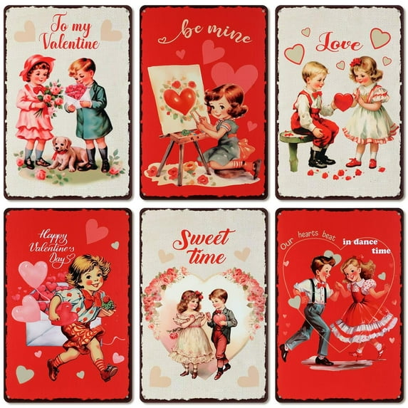 Frienda 6 Pcs Vintage Wall Decor Retro Sign Romantic Red Pink Metal ...