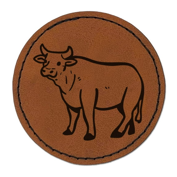 Friendly Cow Ox Cattle Farm Animal Round Iron-On Engraved Faux Leather ...