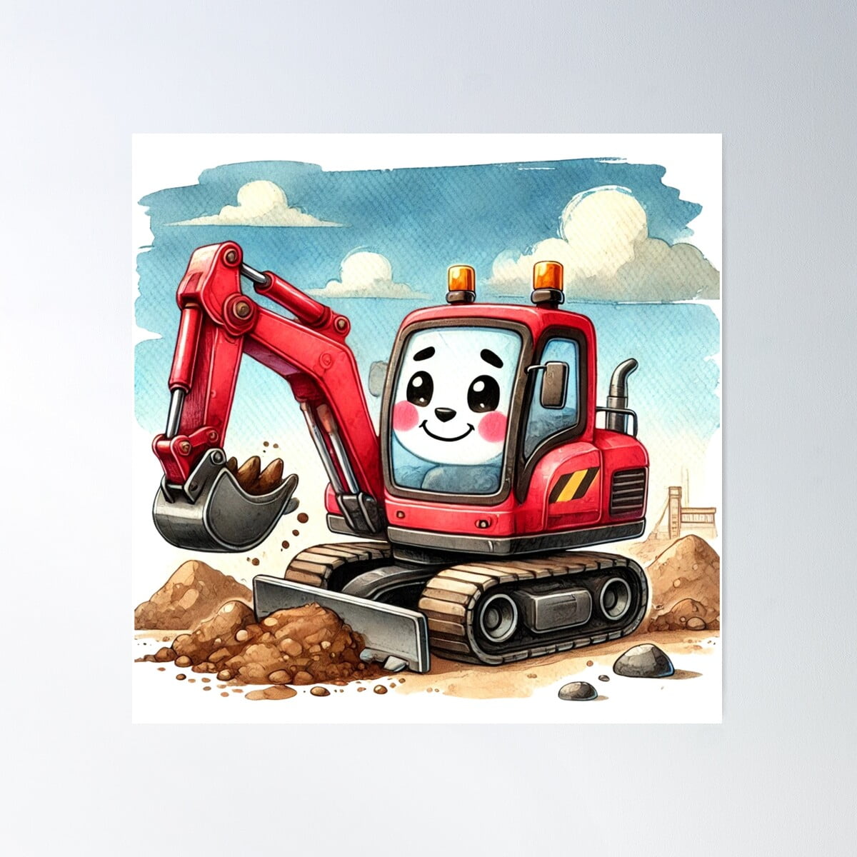 Friendly Excavator At Work – Cute Construction Vehicle Poster Wall Art ...