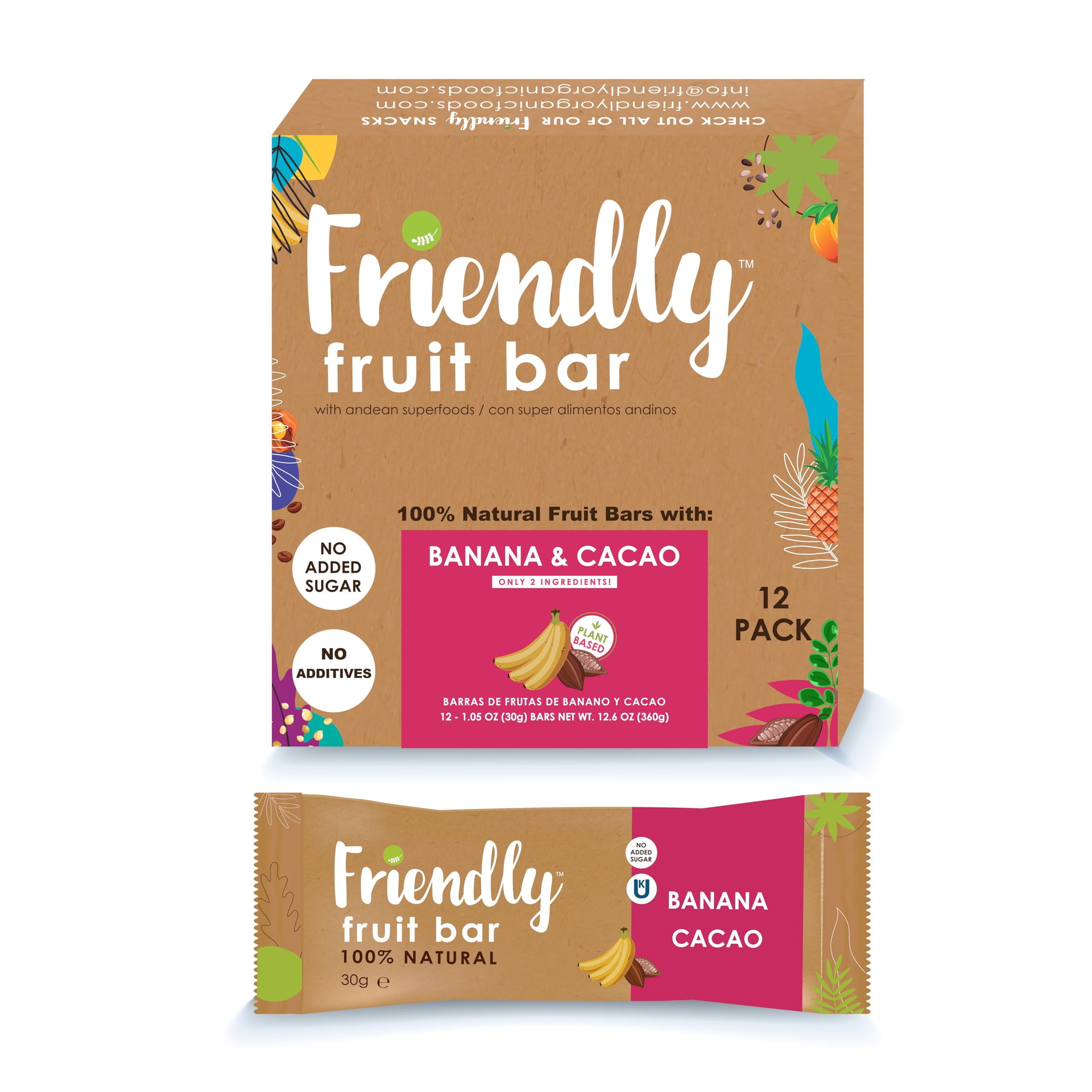 Friendly Fruit Bar | Banana and ITL1 Cacao;(12 Pack);12.6 Oz; | Healthy Natural Snack, Energetic ...