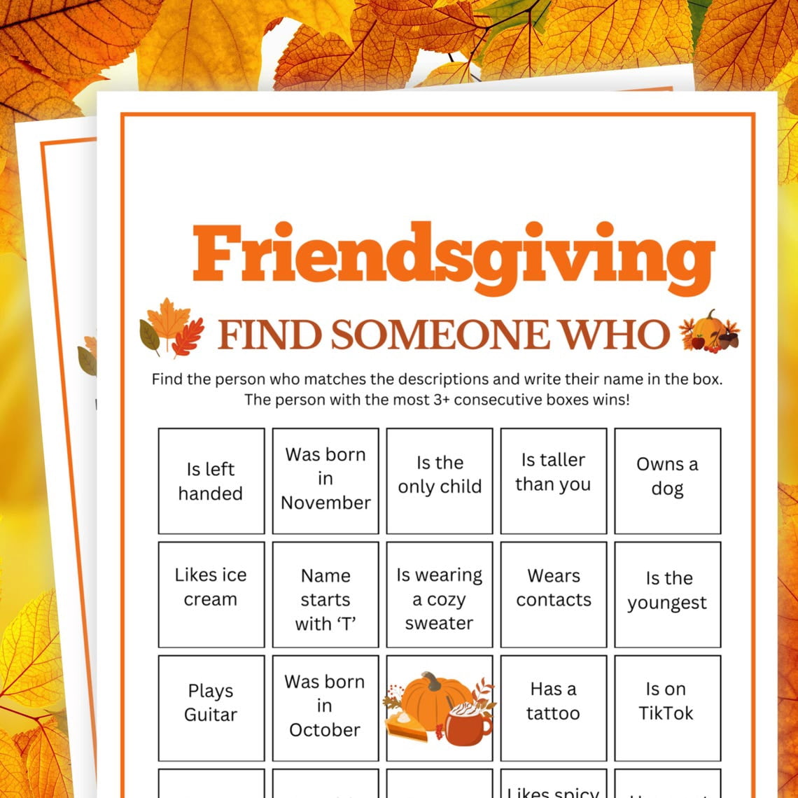 Friendsgiving Games, Find Someone Who and BINGO Party Activities, Fun ...