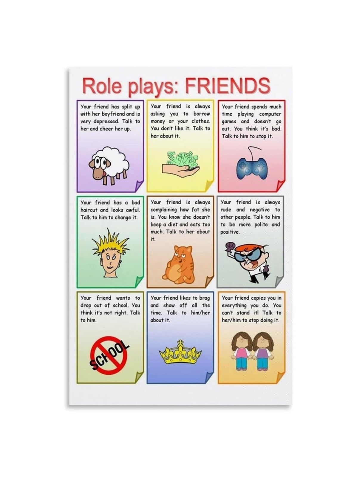 Friendship Role Play Scenarios Poster 9 Real Life Conversation Prompts ...
