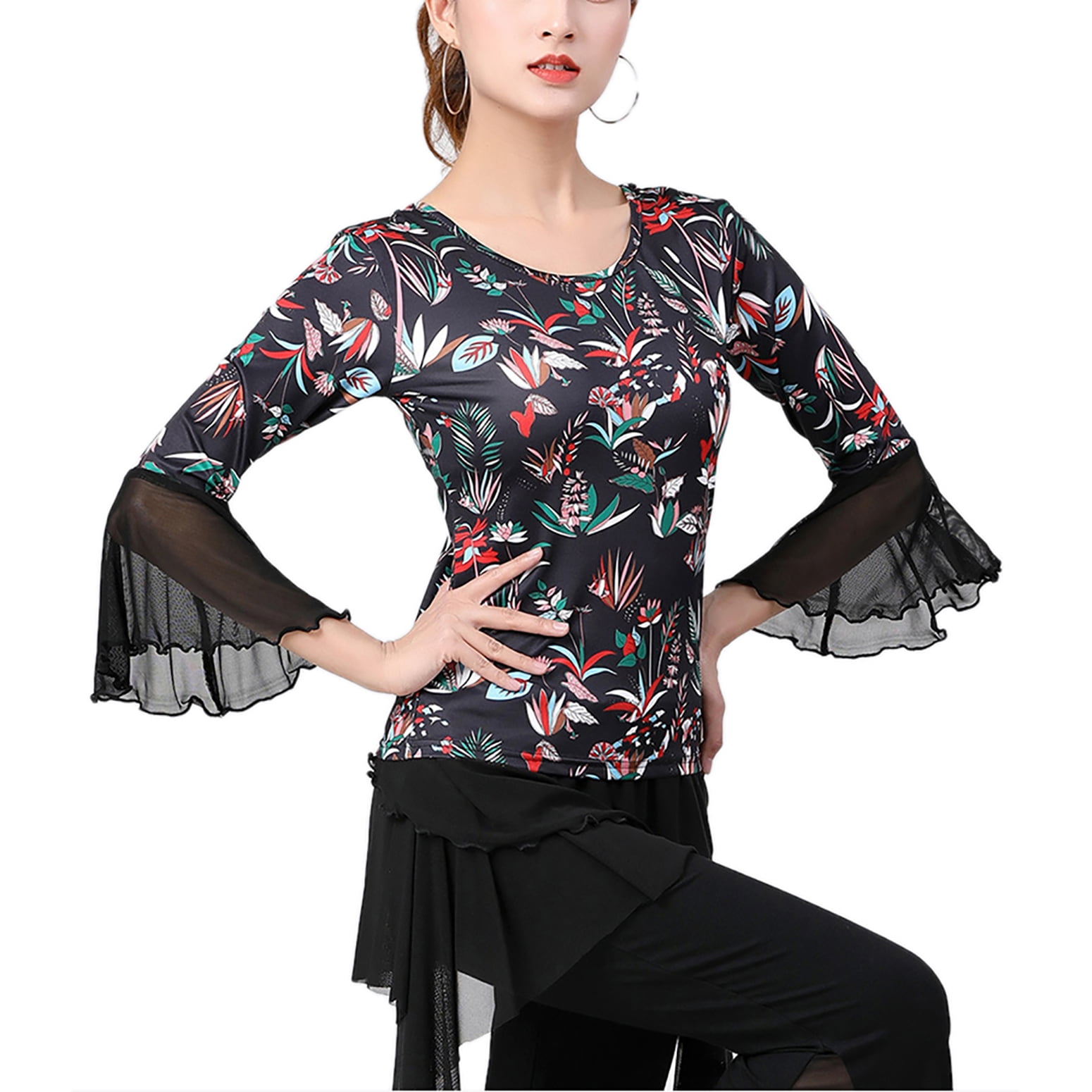 Frill Bell Sleeve Ladies Latin Ballroom Tango Salsa Waltz Dance Top For ...
