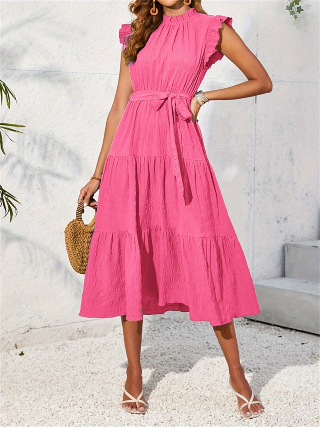Frill Mock Neck Ruffled Cap Sleeve Midi Dress - Walmart.com