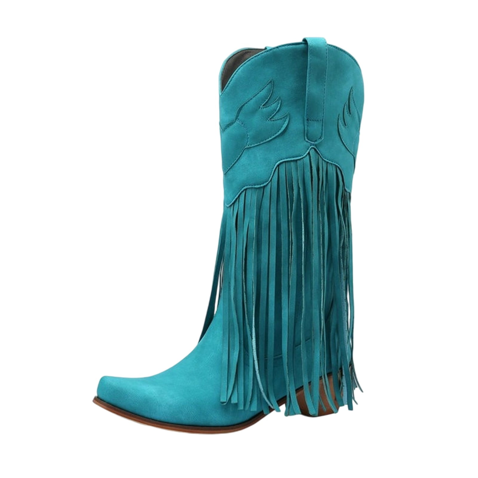 Fringe Denim Cowgirl Boots Pointed Toe Mid Claf Cowboy Boots Chunky ...