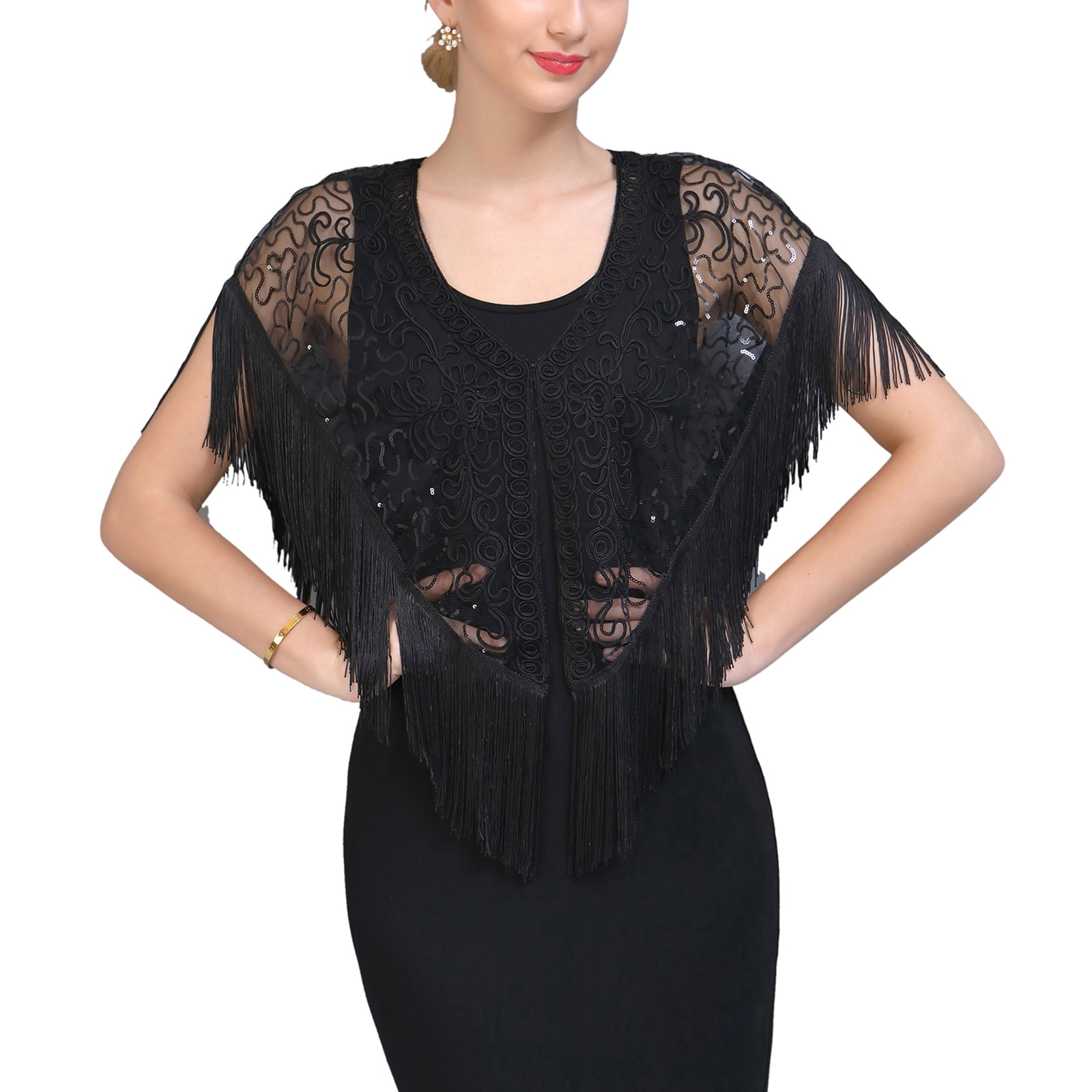 Fringe Flapper Beaded Sequin Formal Shawl Wrap Capelet Evening Shrug ...