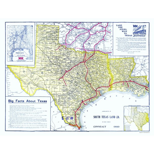 Railroad Map - Frisco Lines - South Texas Land 1911 - 23 x 30.10 ...
