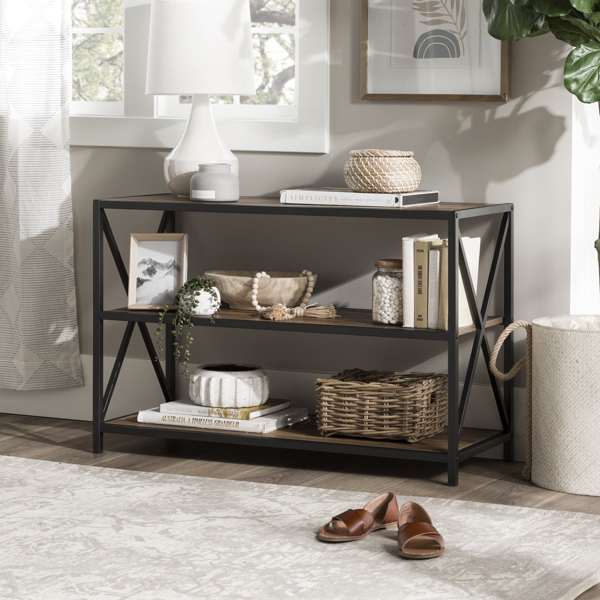 Walker Edison Frisco X-Frame Bookcase, Rustic Oak Finish, Industrial ...