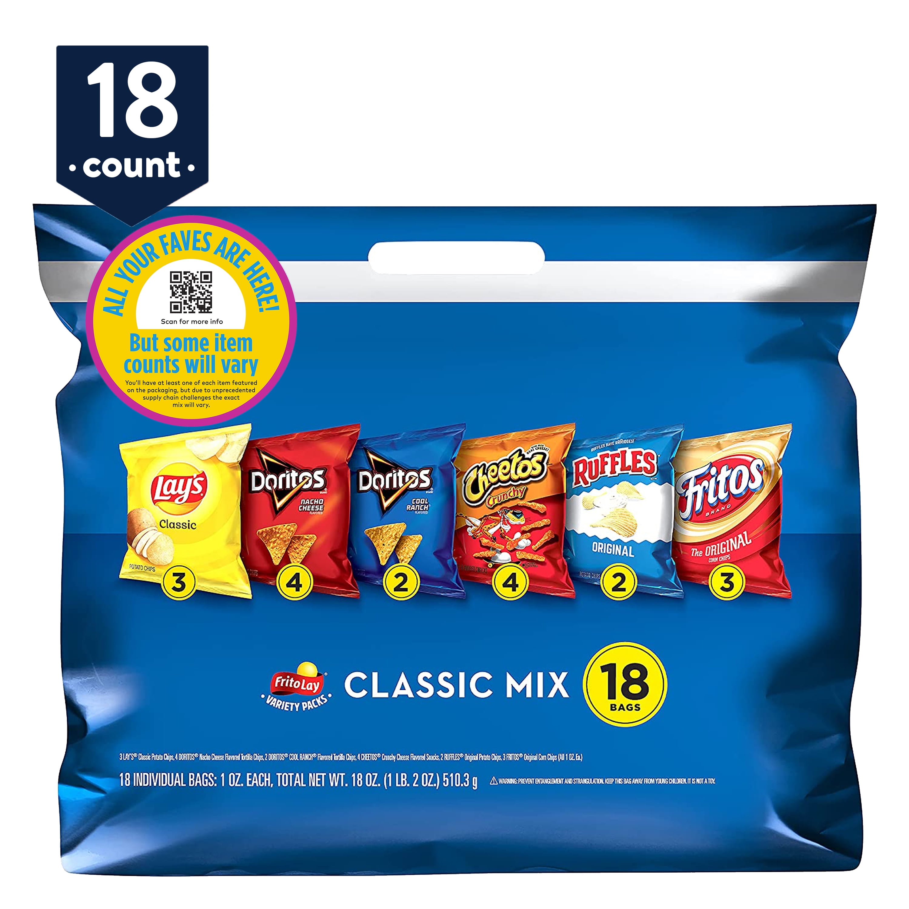 Frito-Lay Classic Mix Snacks, 18 Count Variety Pack, Individual Chip ...
