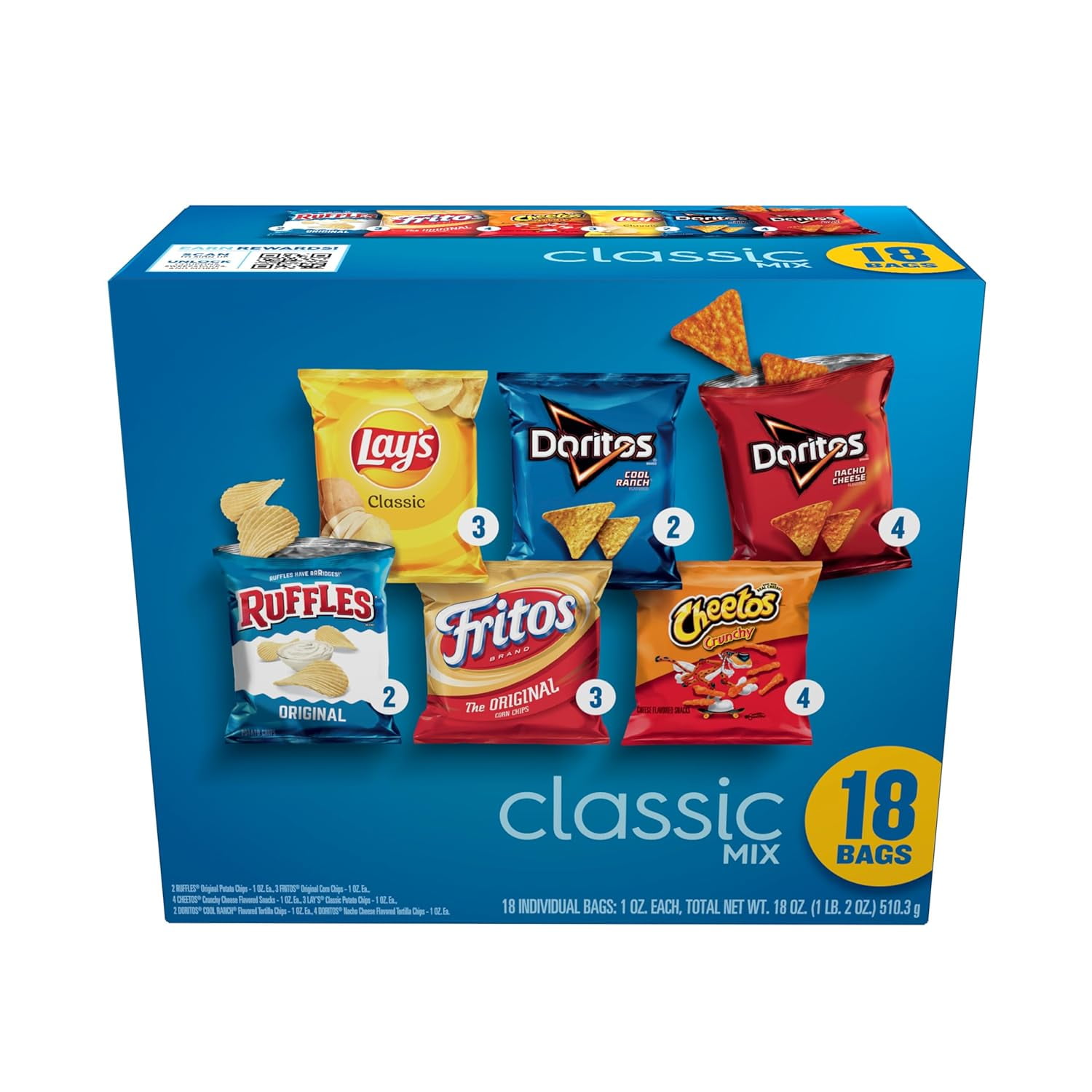 Frito-Lay Snacks Classic Mix Chips Variety Pack, Doritos, Lay's Ruffles, Cheetos, Fritos, 18 ...