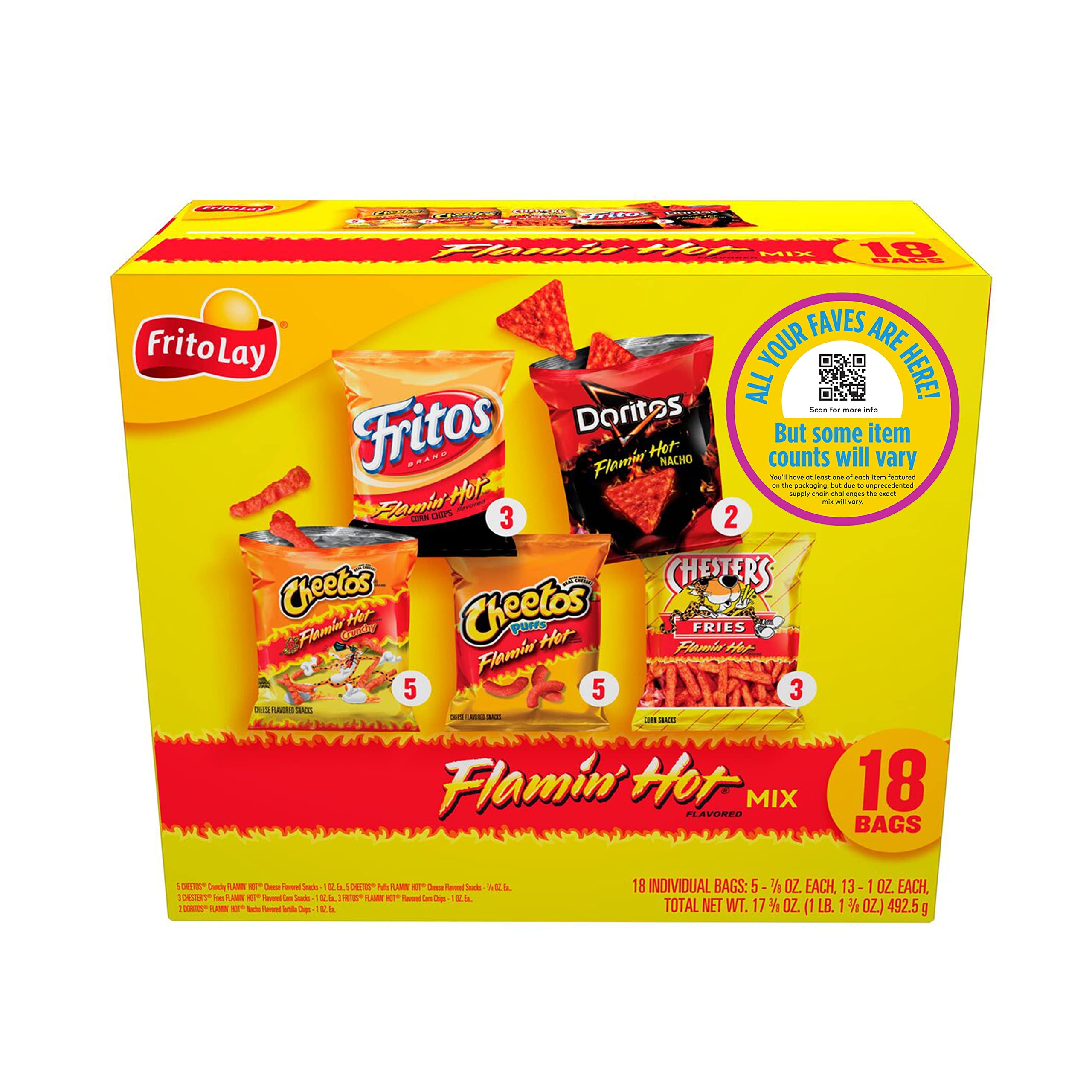Frito-Lay Snack Chips Variety Pack 18 Count Flamin Hot Mix Tortilla ...