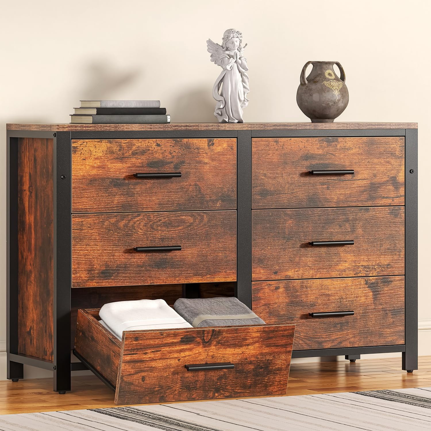 Frmobepts 6 Drawer Double Dresser, Industrial Wood Storage Dresser ...