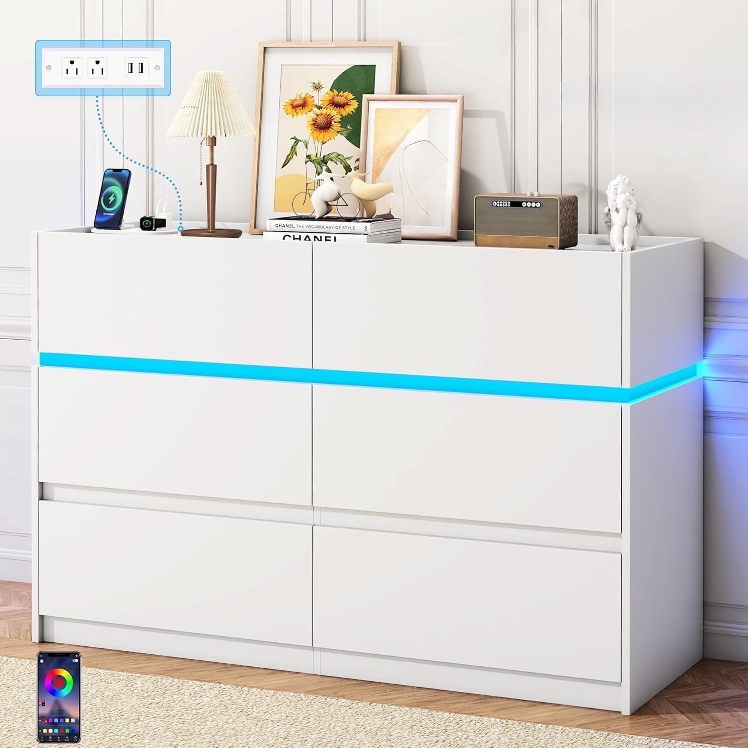 Frmobepts 6 Drawers Dresser with LED Lights and Charging Station ...