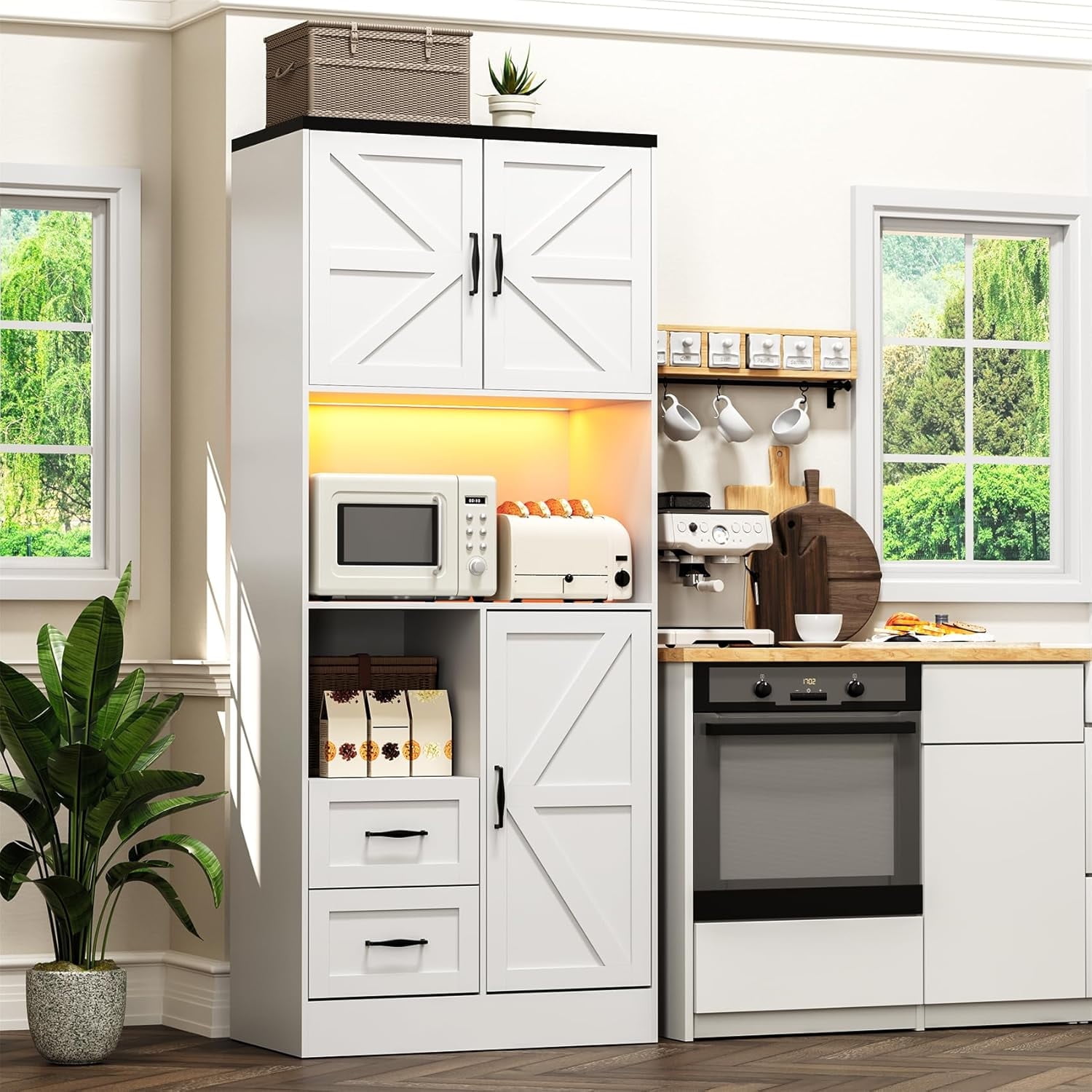 Frmobepts 68" Tall Kitchen Pantry with LED Lights, Free-standing Wood ...