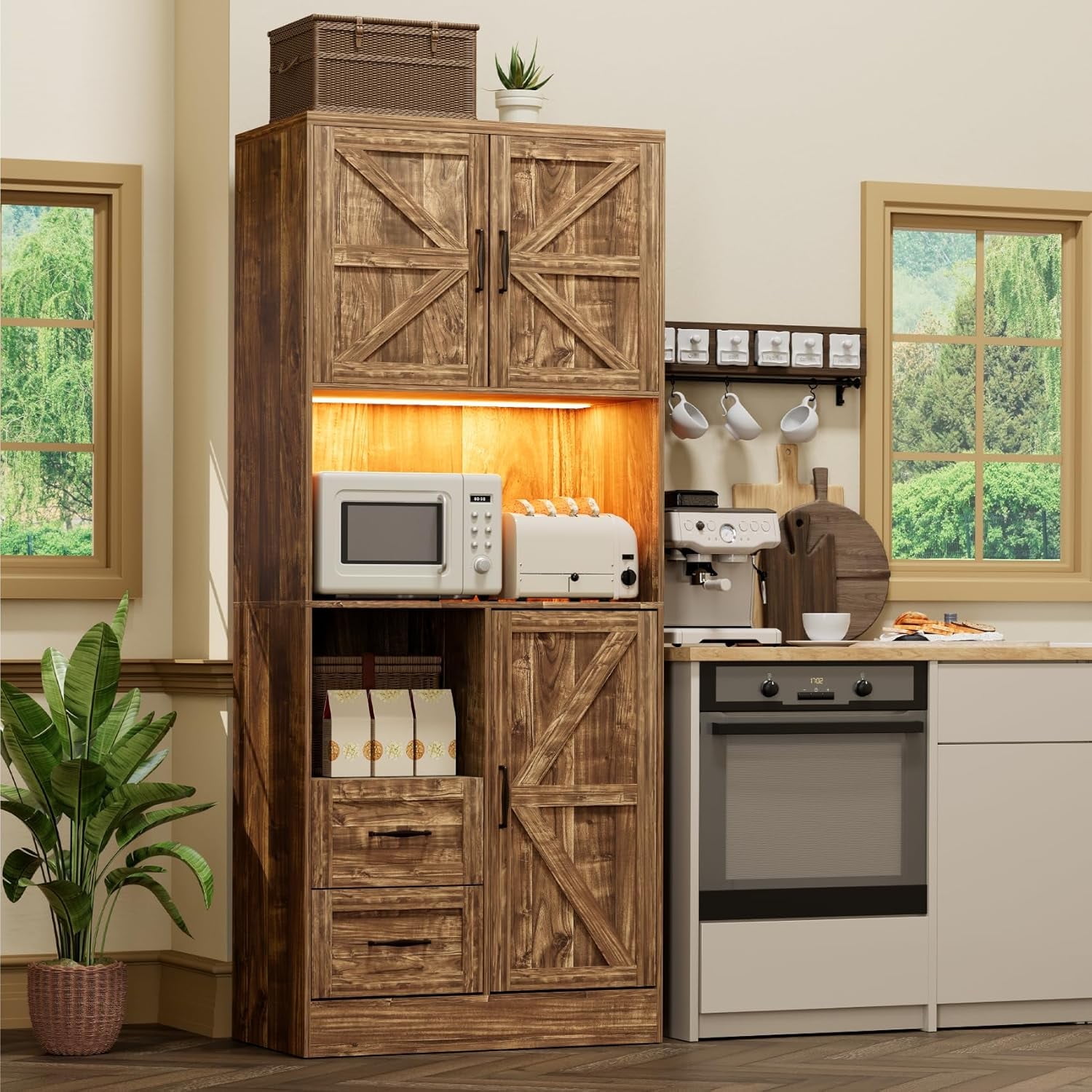 Frmobepts 68" Tall Kitchen Pantry with LED Lights, Free-standing Wood ...