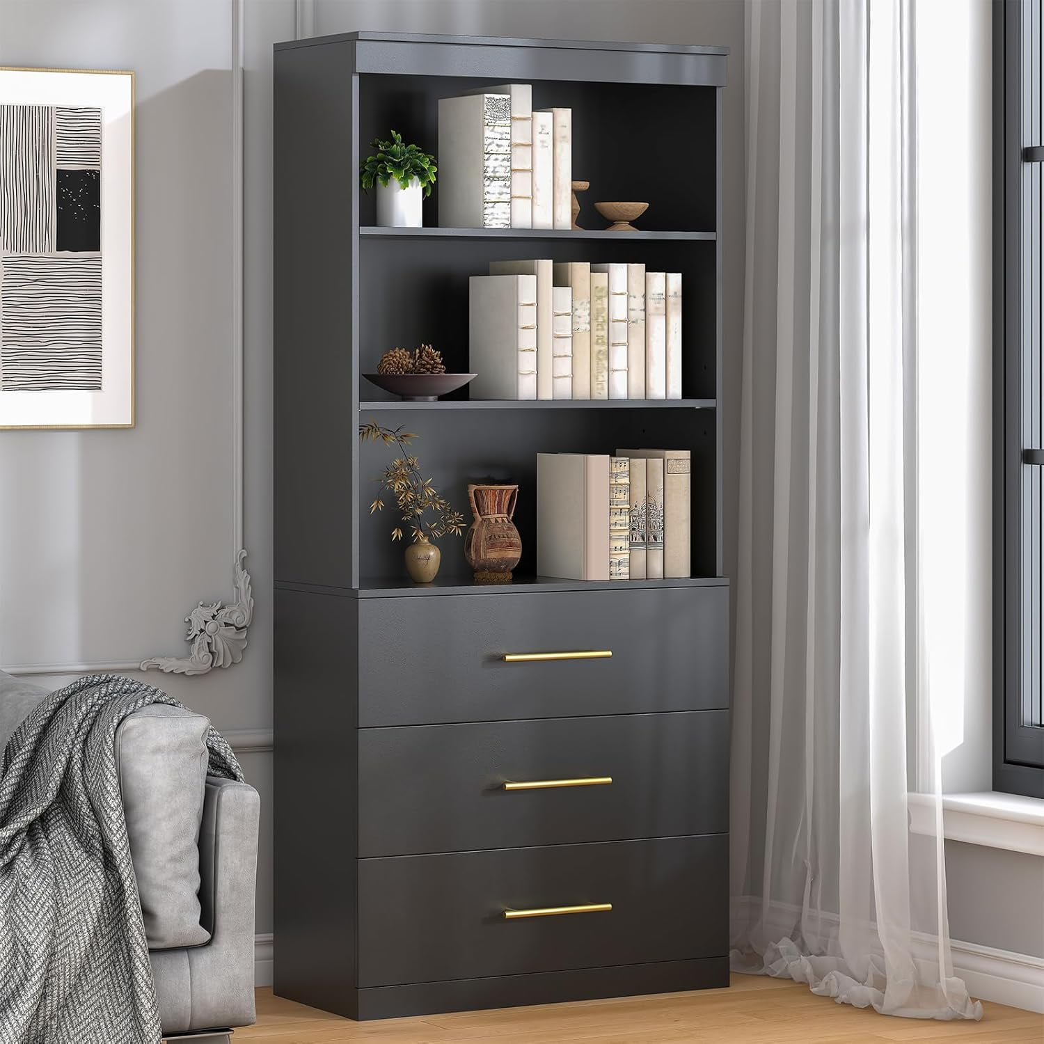 Frmobepts 71" Tall Bookcases with 3 Large Drawers & 3 Shelves, Wooden ...