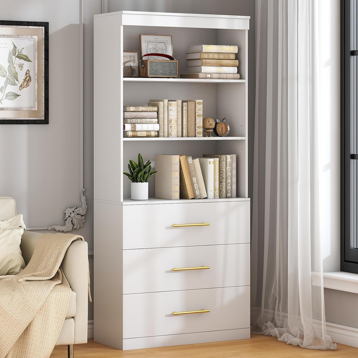 Frmobepts 71" Tall Bookcases with 3 Large Drawers & 3 Shelves, Wooden ...